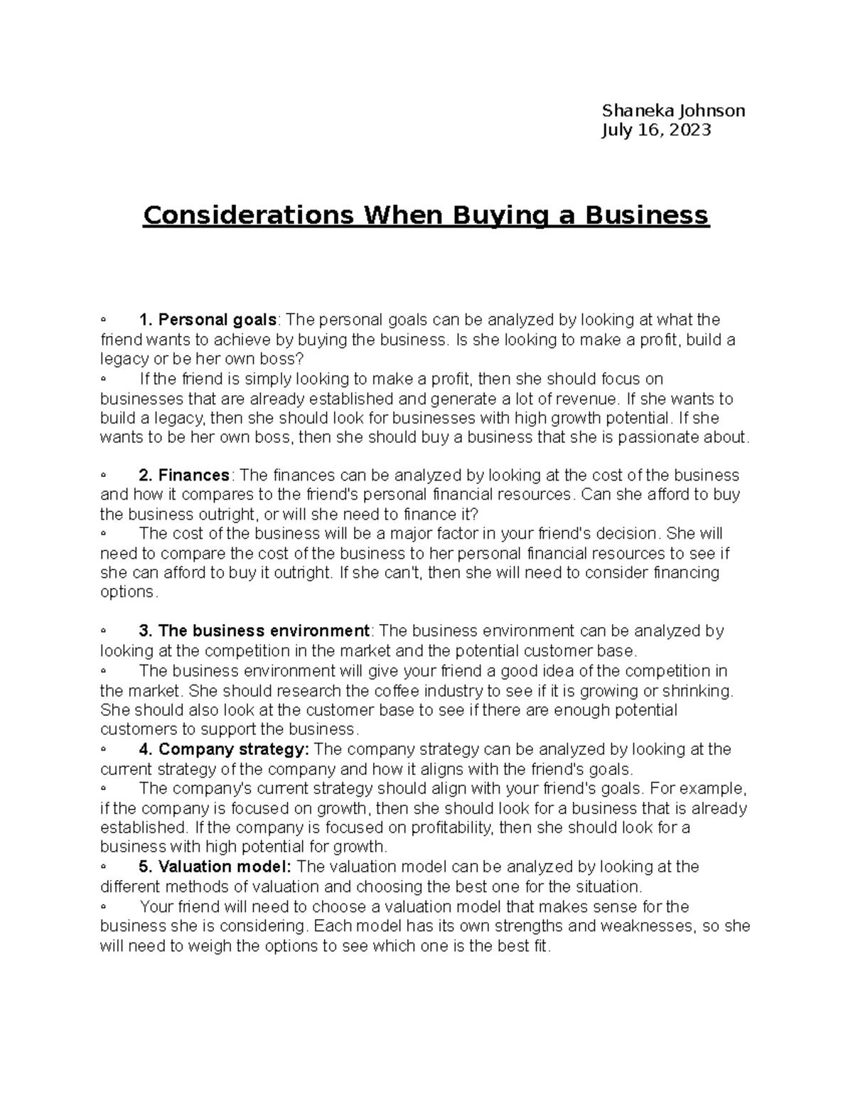 Consideration When Buying A Buisness - Shaneka Johnson July 16, 2023 ...