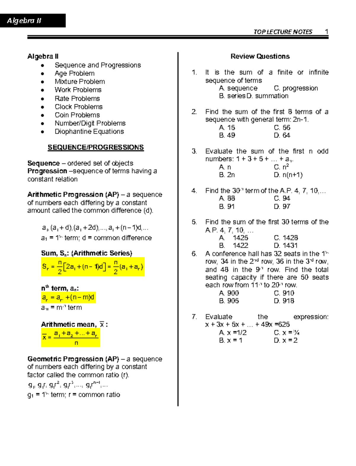 Algebra 2 - TOP LECTURE NOTES 1 Algebra II Sequence and Progressions ...
