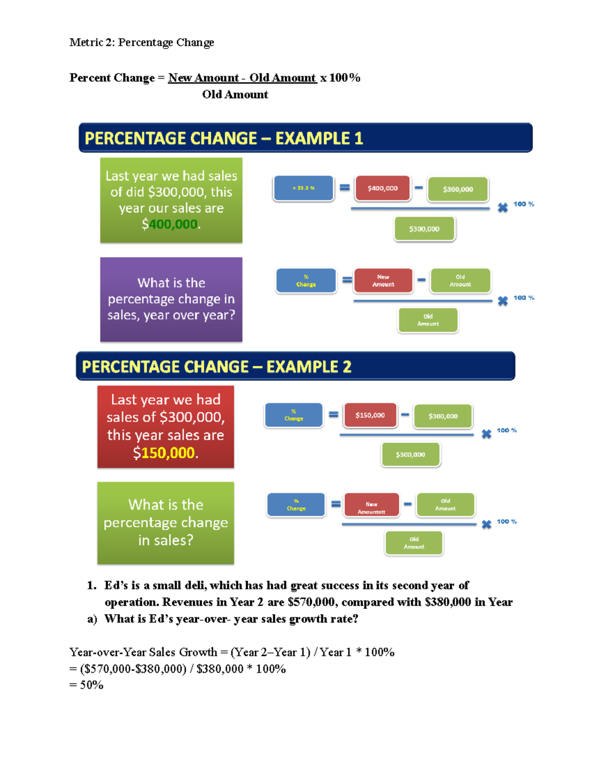 Metrics 2 - answers - Percent Change = New Amount - Old Amount x 100% ...