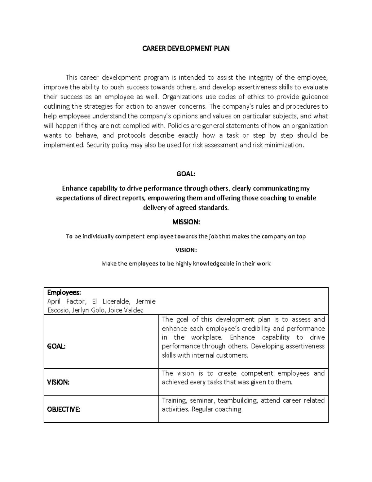 Career Development Plan - Human Resource Management - USeP - Studocu