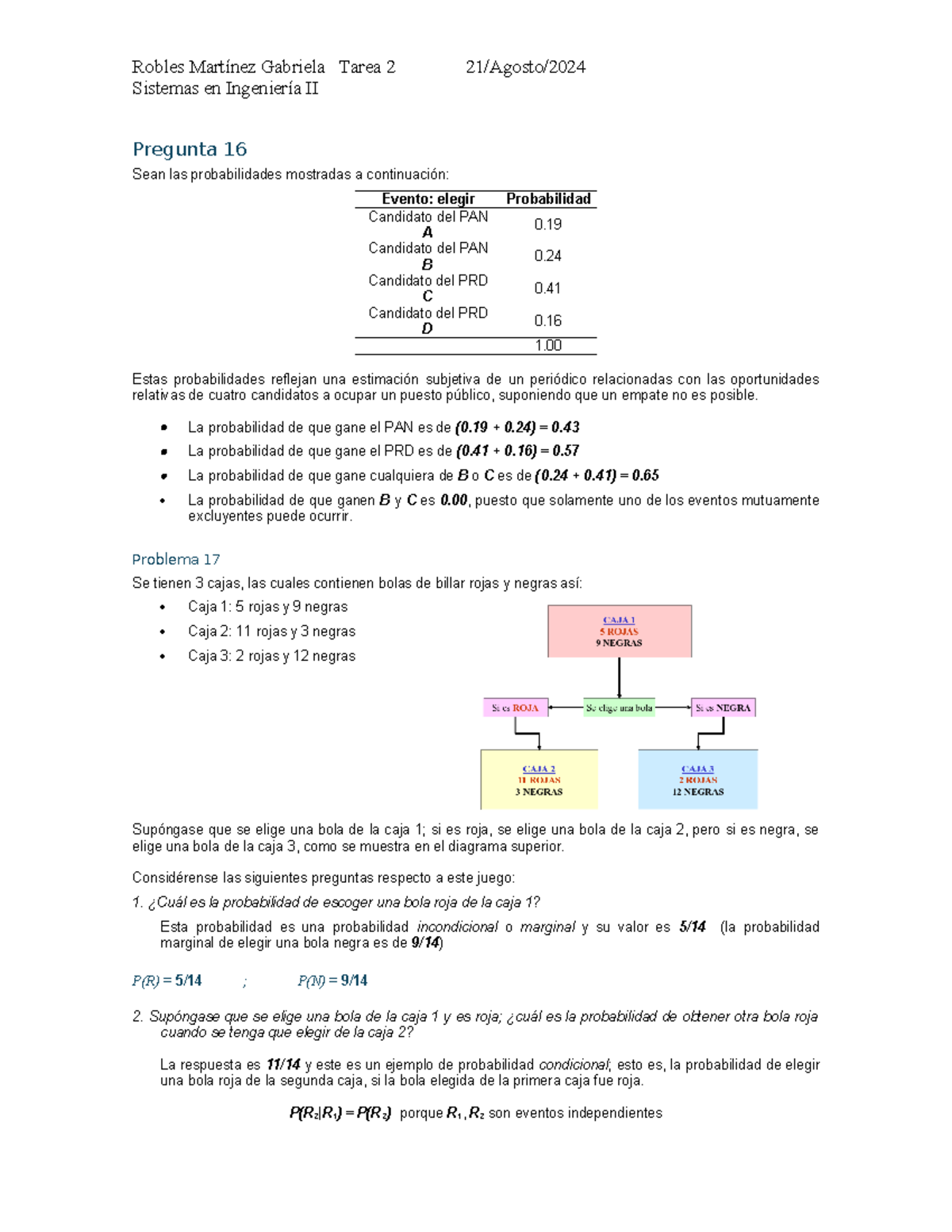 Tarea 2 problemas 16 - Sistemas en Ingeniería II Pregunta 16 Sean las probabilidades mostradas a ...