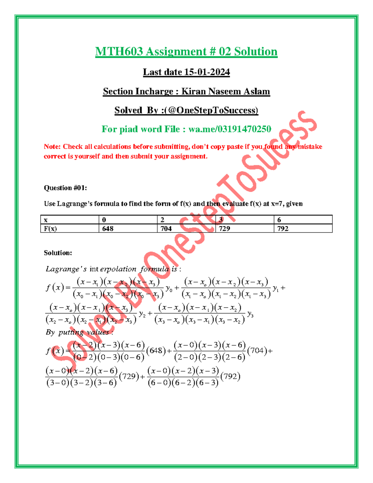 MTH603#02(Kiran Naseem)By One Step To Success - MTH603 Assignment # 02 Solution Last date 15-01 ...