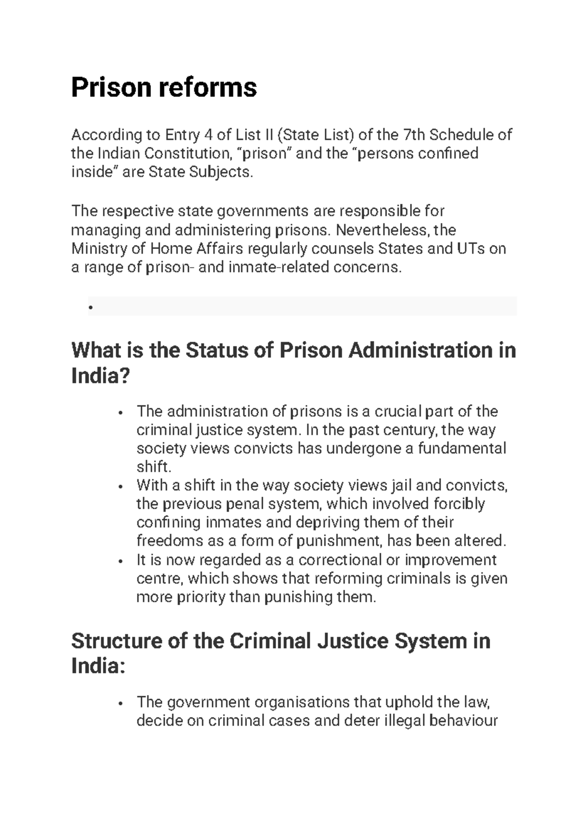 Prison reforms - hhh - Prison reforms According to Entry 4 of List II (State List) of the 7th ...