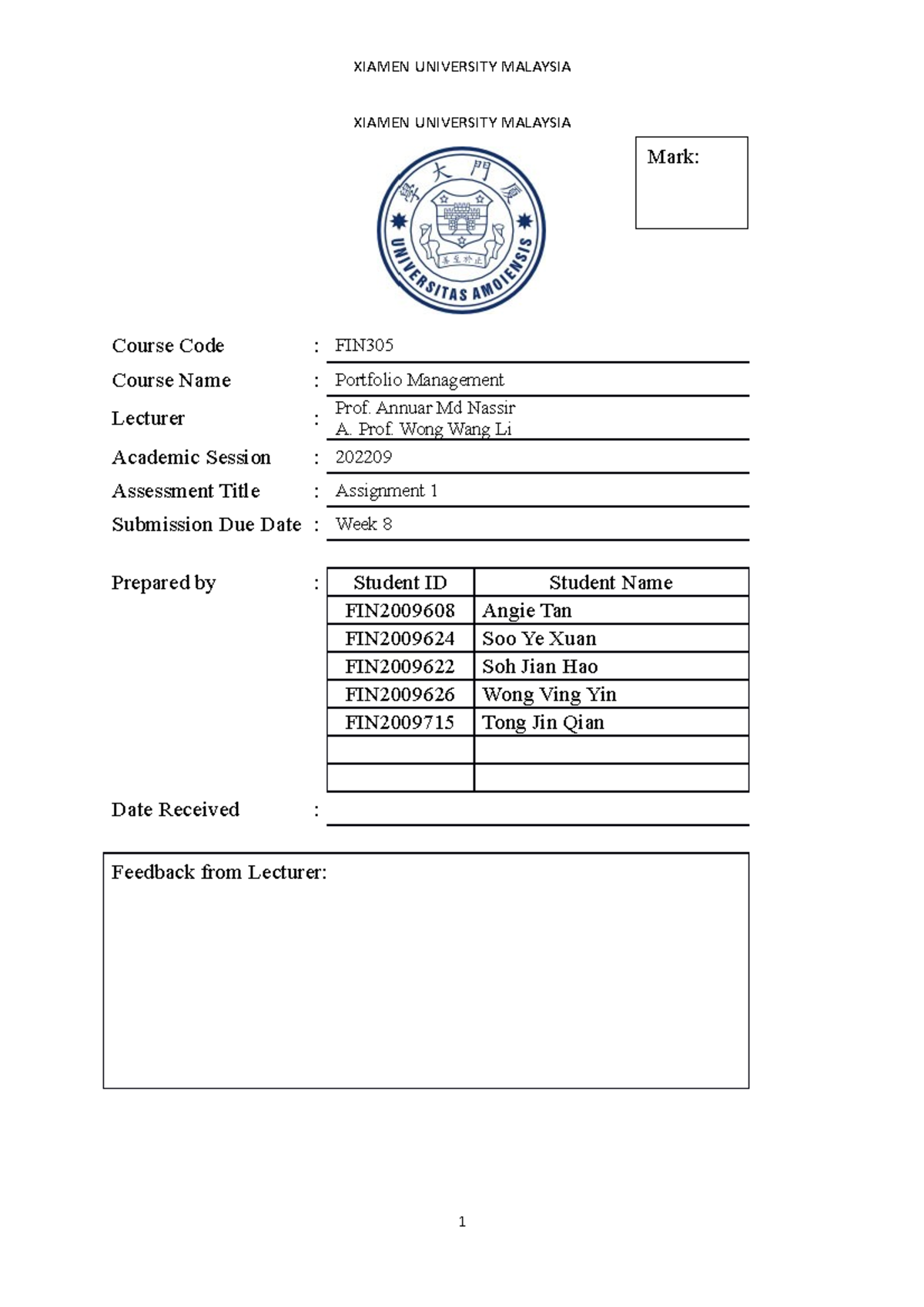 Portfolio - assignment - XIAMEN UNIVERSITY MALAYSIA Course Code : FIN ...