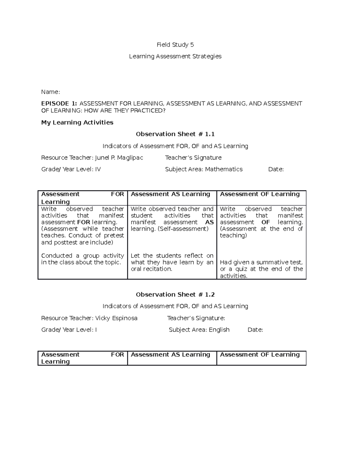 FS Pepsi - FS5 - Field Study 5 Learning Assessment Strategies Name ...