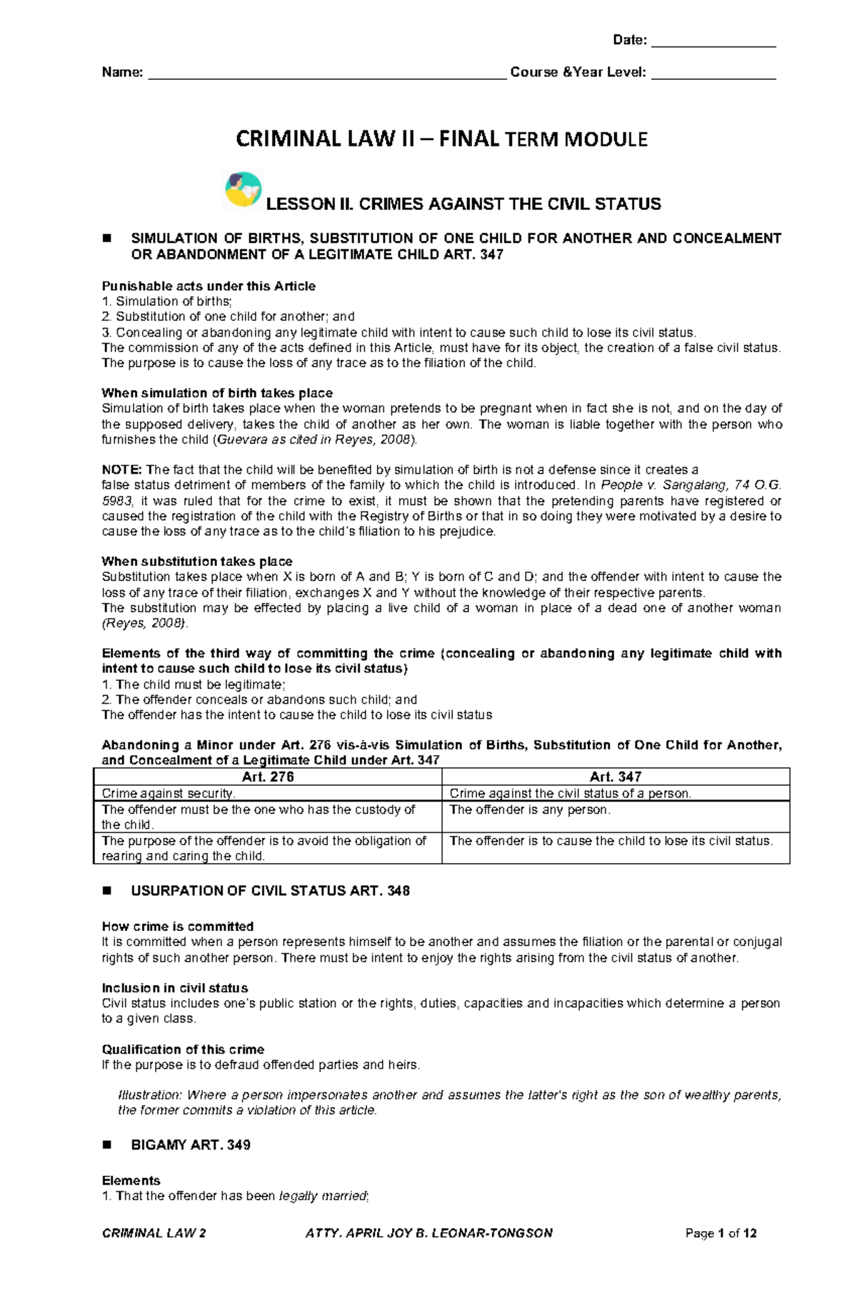 CLJ 4 Crim 2Final Module Lesson 2 3 - Name ...