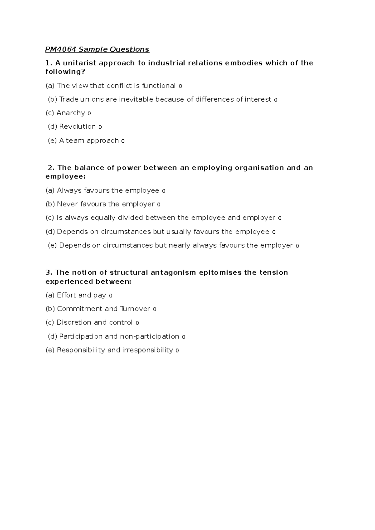 PM4064 Sample questions - PM4064 Sample Questions A unitarist approach ...