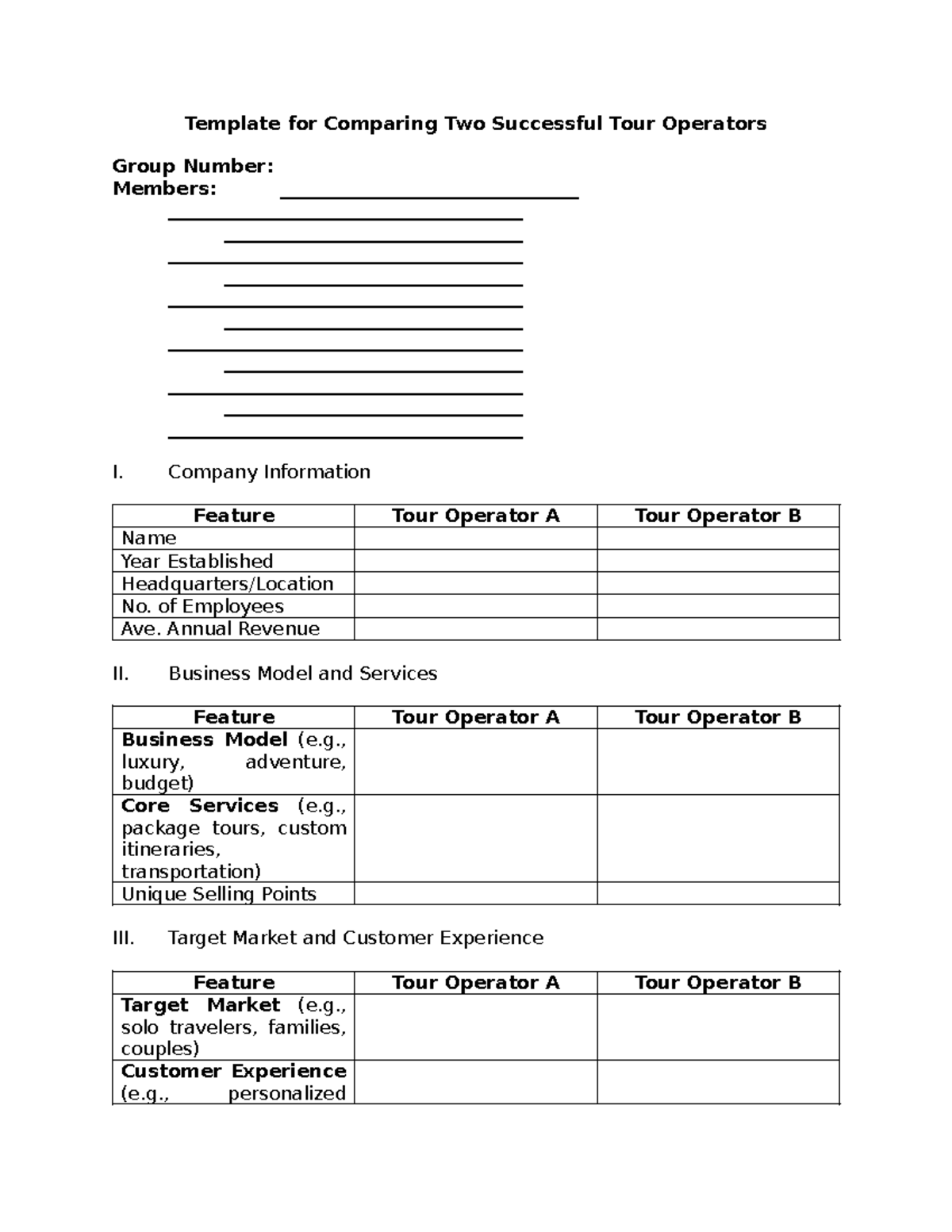 Template for Comparing Two Successful Tour Operators - Company ...