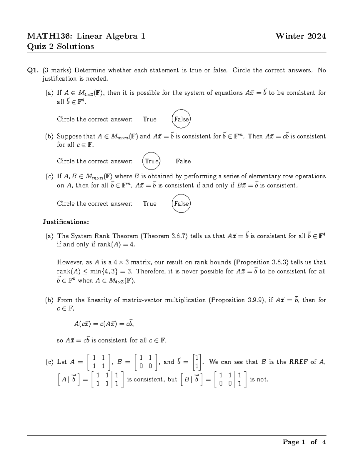 MATH 136 W24-Quiz2-Soln - Quiz 2 Solutions Q1. (3 marks) Determine ...
