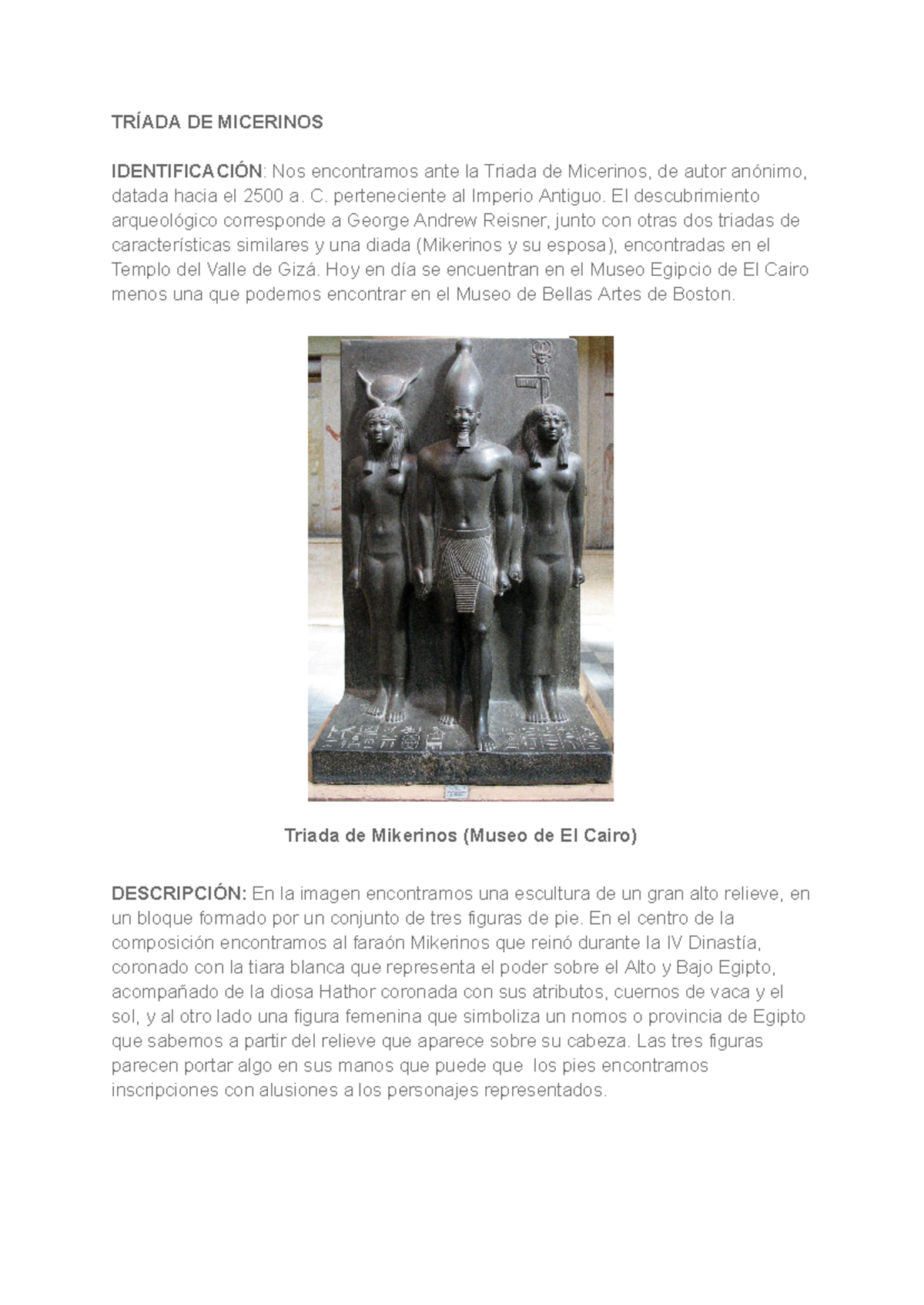 Triada micerinos - Historia del arte - TRÍADA DE MICERINOS ...