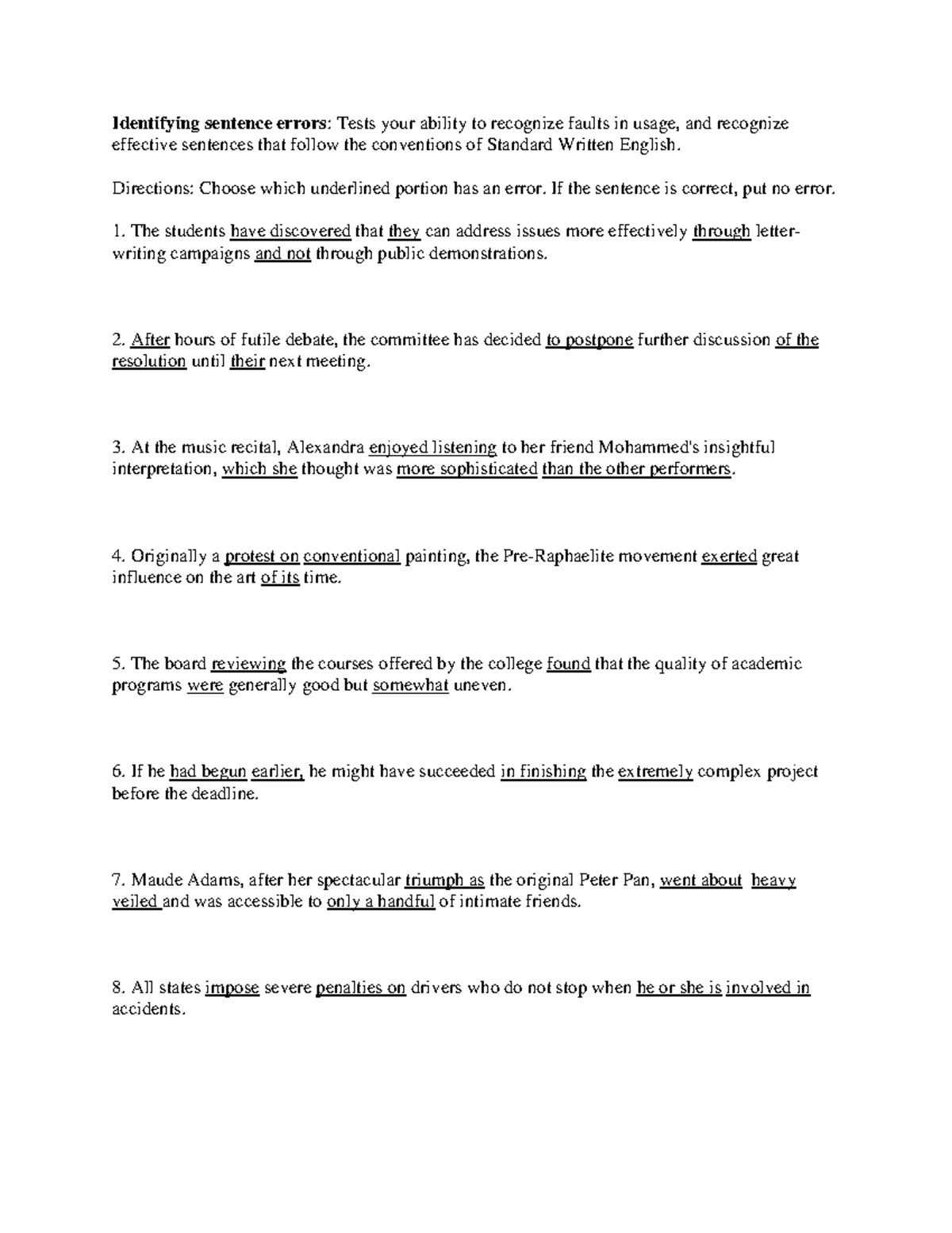 PSAT Identifying Sentences Practice - Identifying sentence errors ...