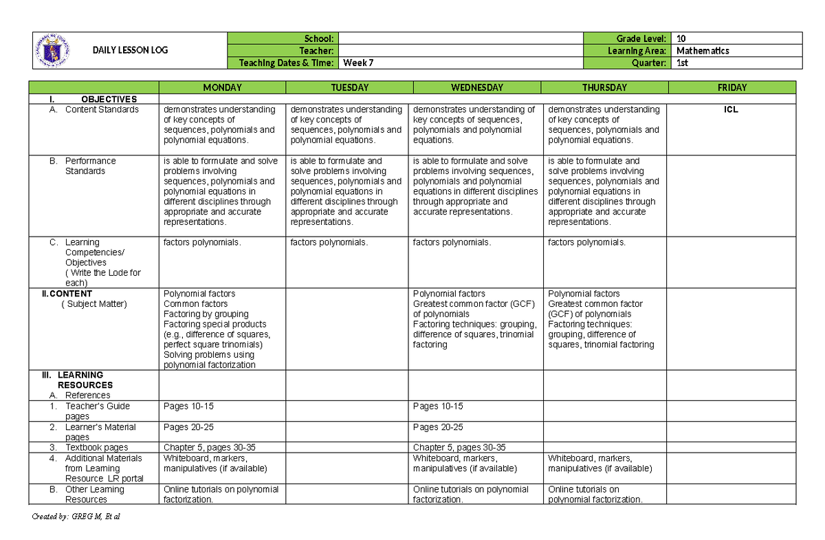 Math10 Wk7 - 1234456 - DAILY LESSON LOG School: Grade Level: 10 Teacher: Learning Area ...