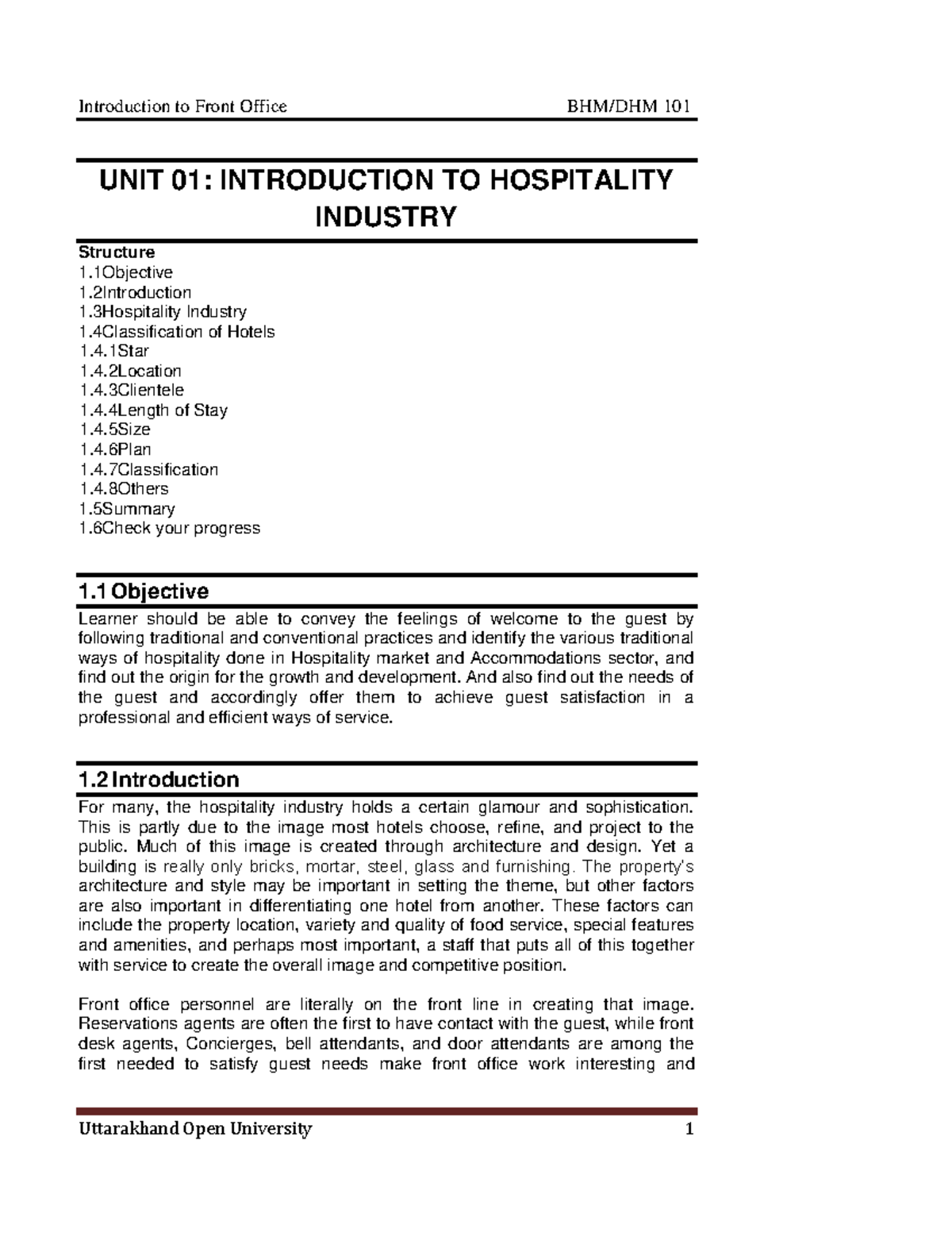 Hospitality - Introduction to Front Office 101 UNIT 01: INTRODUCTION TO ...