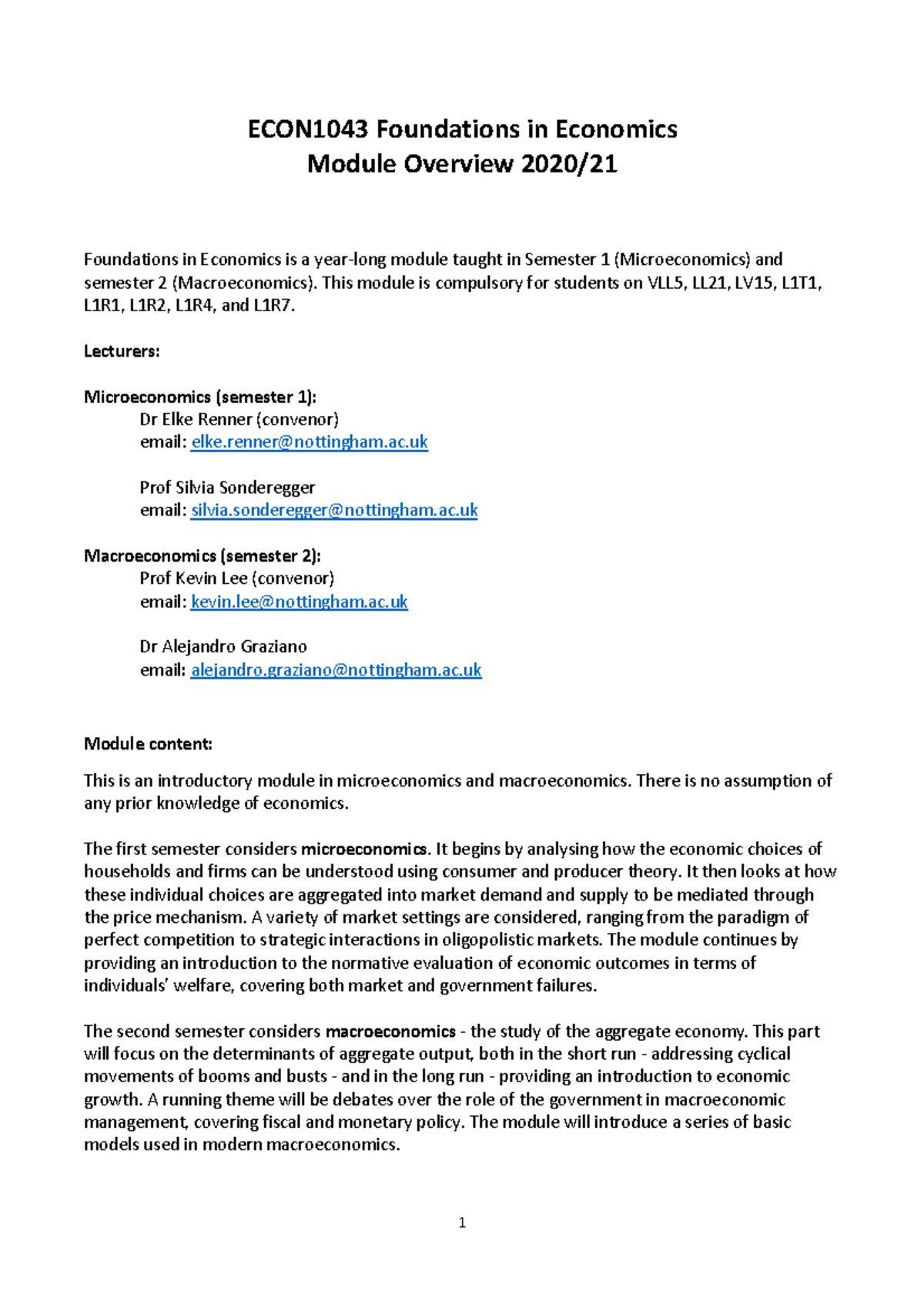 Foe Econ1043 Module Outline 2020 21 1 Econ1043 Foundations In