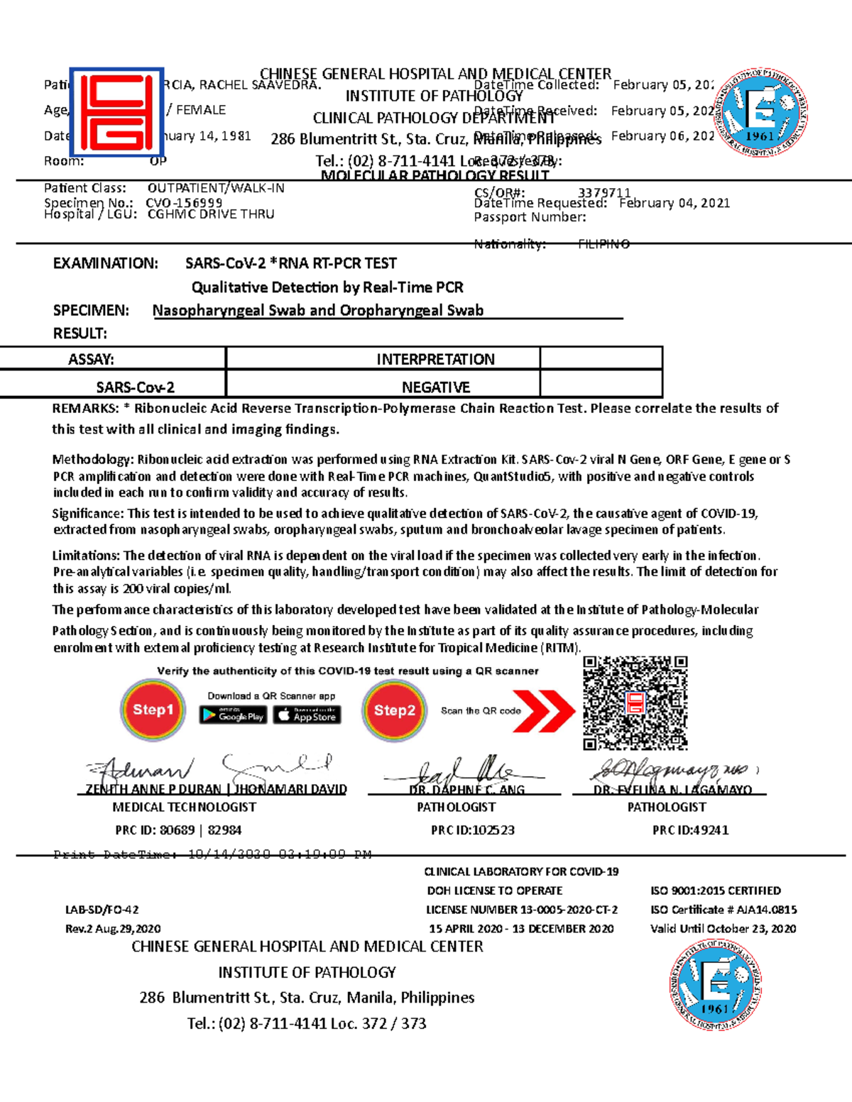 202010 009319 CGH202010 014798 LAB-2020-0309183 Laboratory Covid-PCR ...