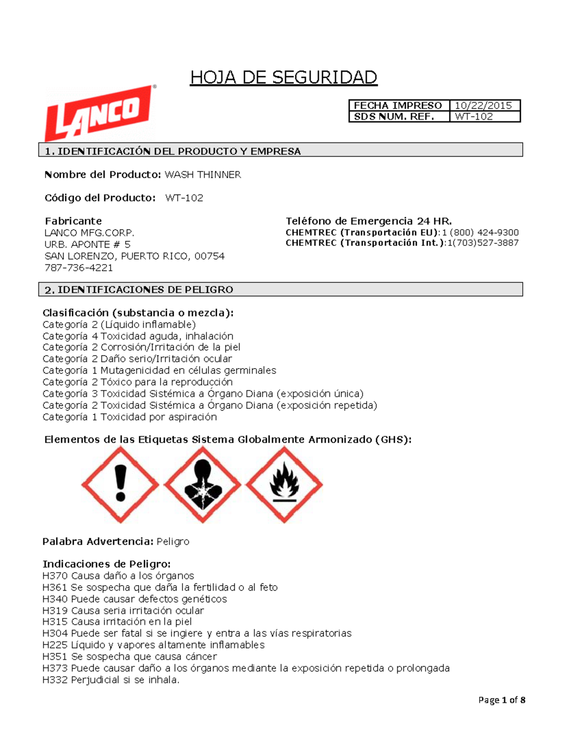 SDS-Wash-Thinner-WT102-SP 240517 095119 - HOJA DE SEGURIDAD FECHA ...