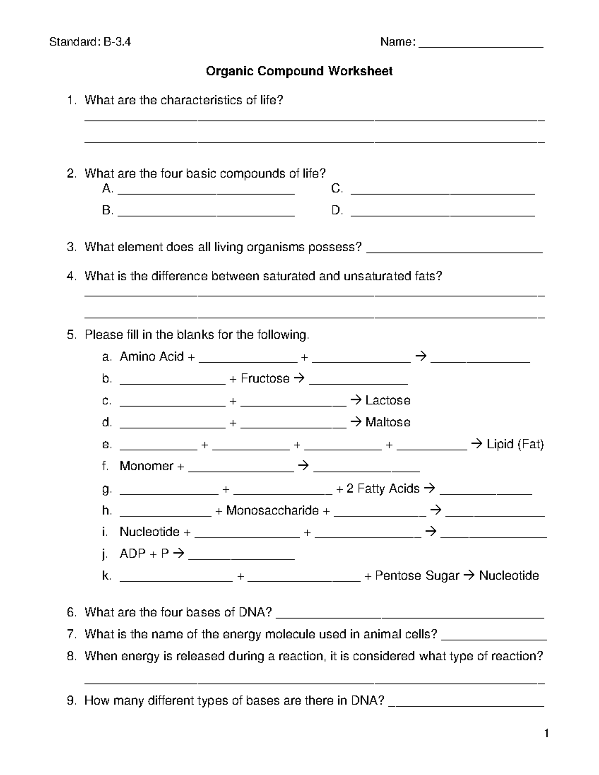 Organic compounds worksheet - Standard: B-3 Name: ___________________ 1 ...