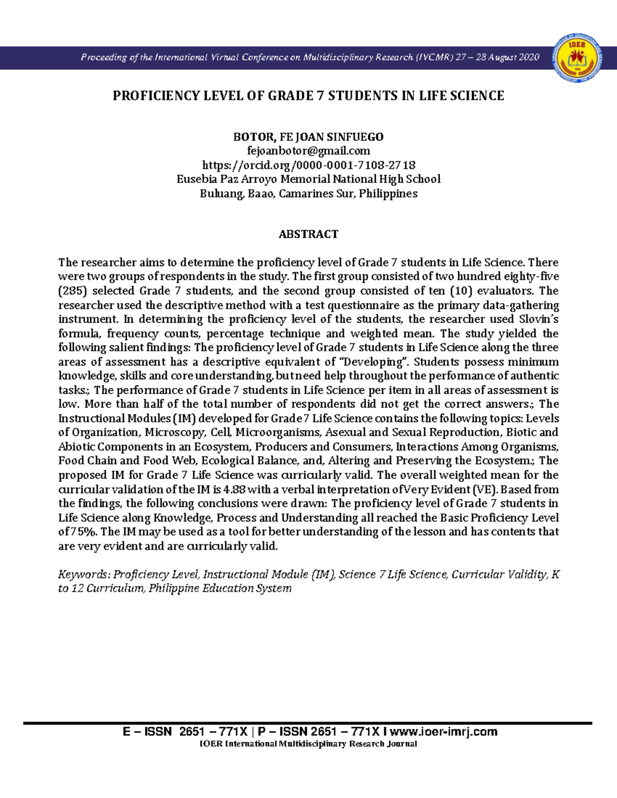 Proficiency Level OF Grade 7 Students IN - E – ISSN 2651 – 771X | P – ISSN 2651 – 771X I ioer ...