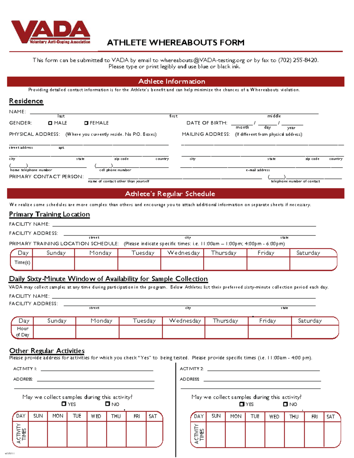VADA athlete-whereabouts-form - ATHLETE WHEREABOUTS FORM This form can ...
