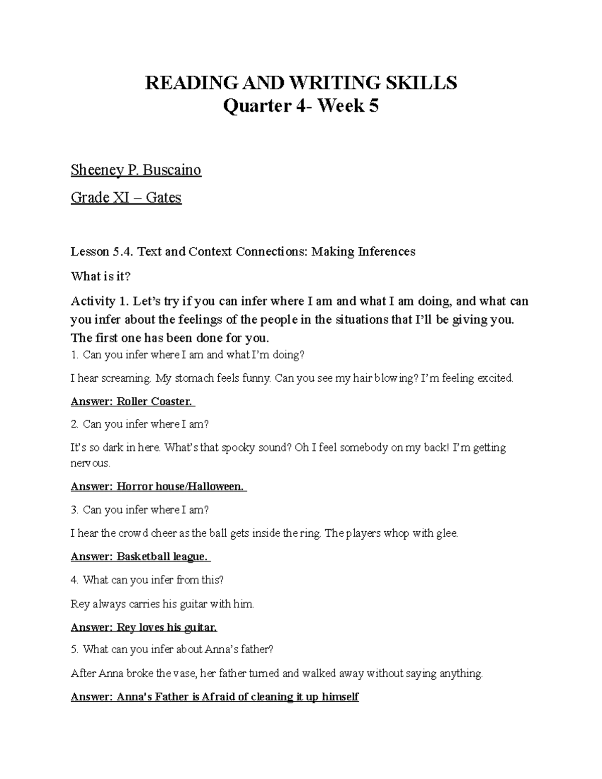 Reading AND Writing Skills Week 5 READING AND WRITING SKILLS Quarter