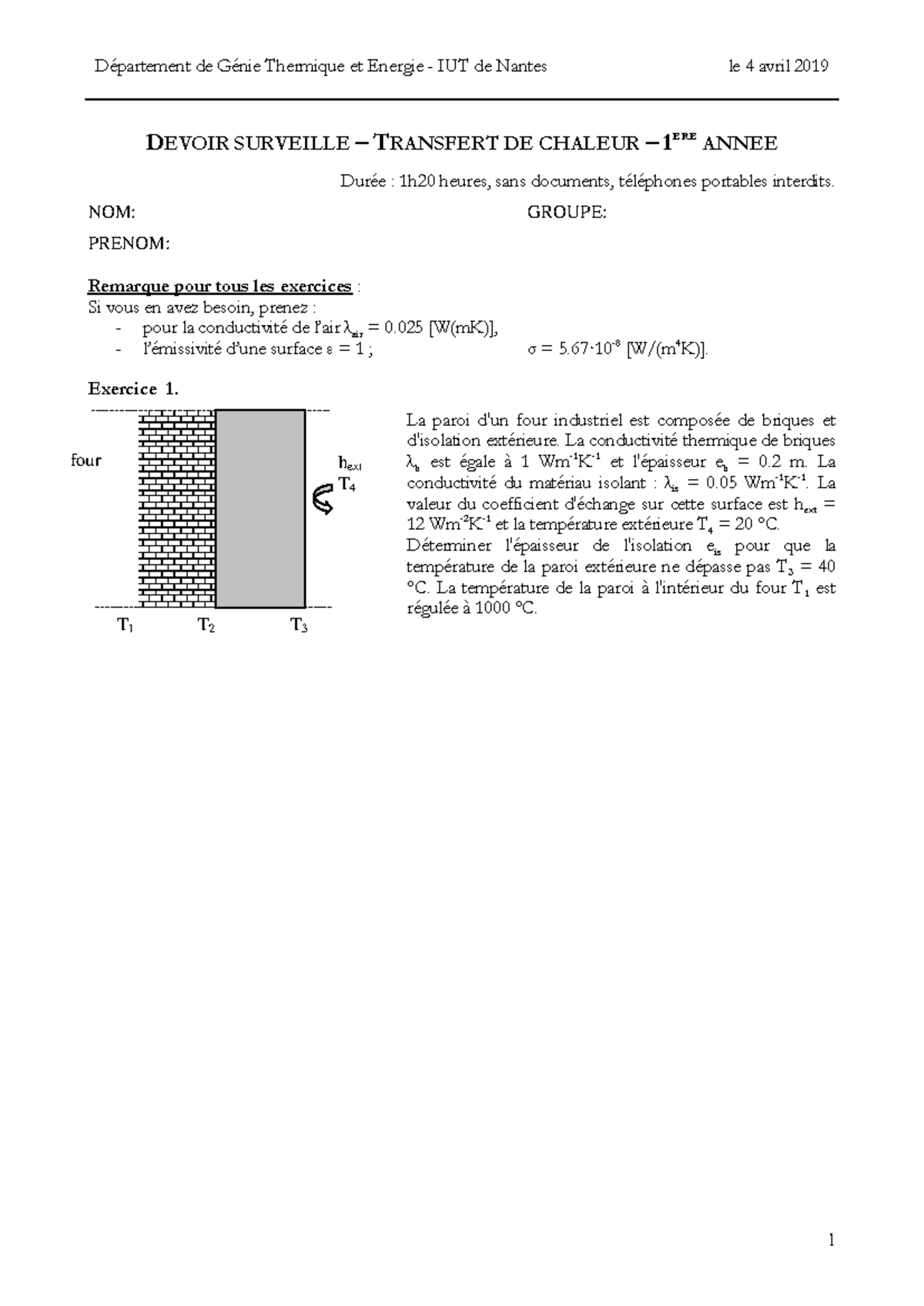 S2 DS1 Transfert 2019 - conduction-convection-rayonnement - DEVOIR SURVEILLE – TRANSFERT DE ...
