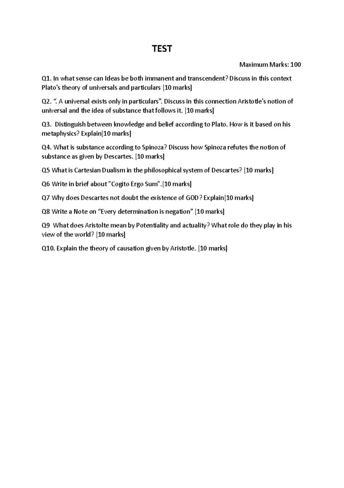 Full Test - Plato and aristitotle test - TEST Maximum Marks: 100 Q1. In ...