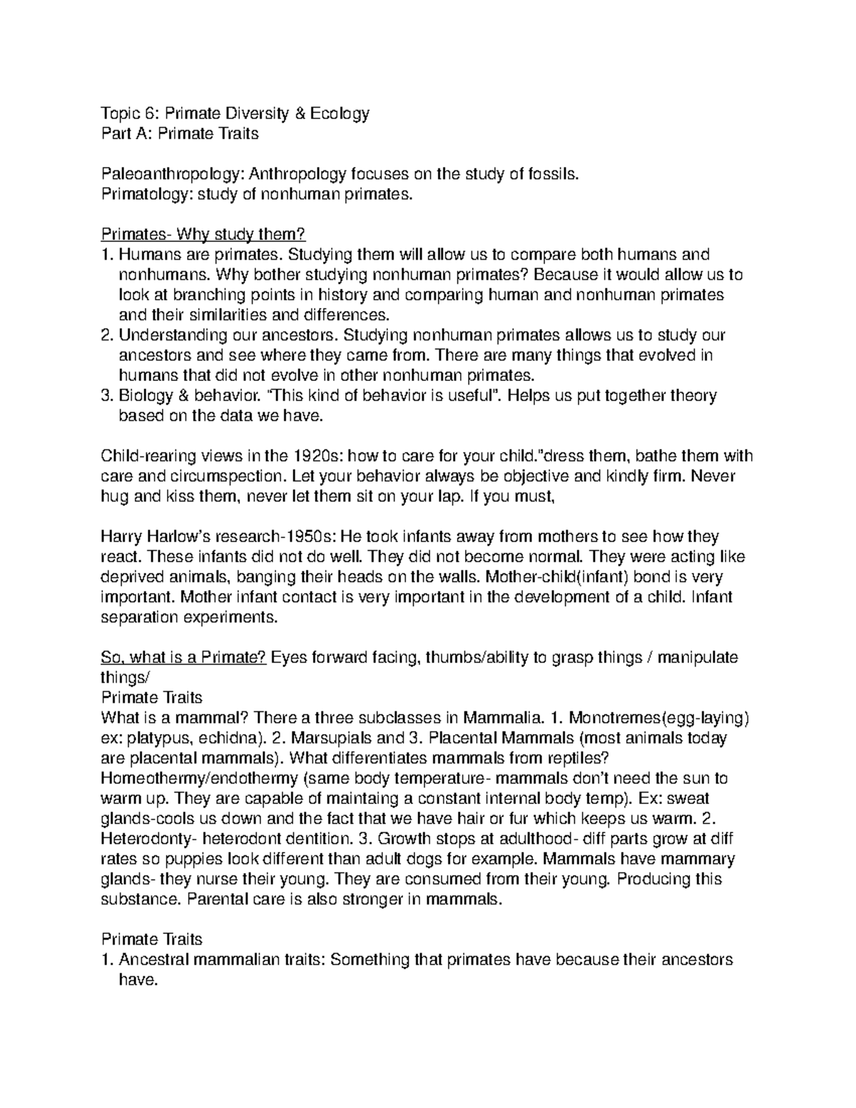 Anthro 102 topic 6 - Lecture notes 6 - Topic 6: Primate Diversity ...