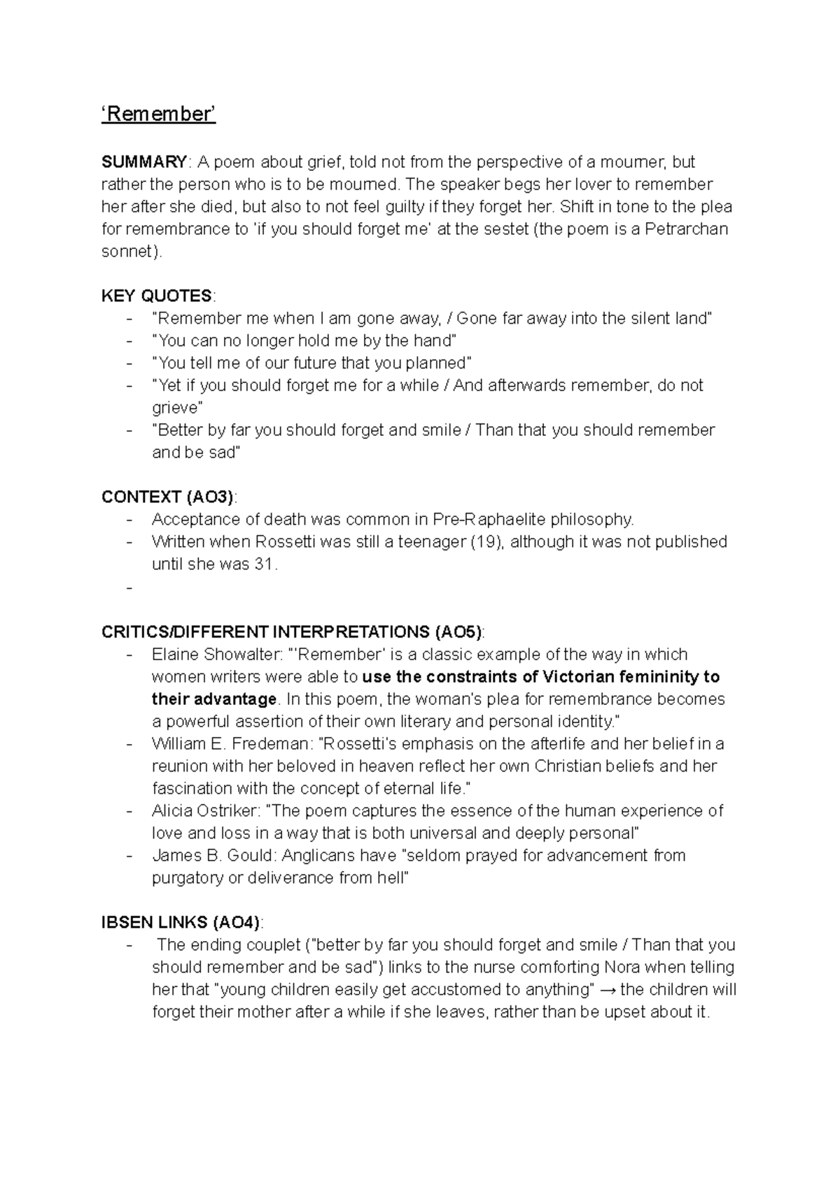summary notes on Rossetti's poem 'Remember' - ‘Remember’ SUMMARY: A ...