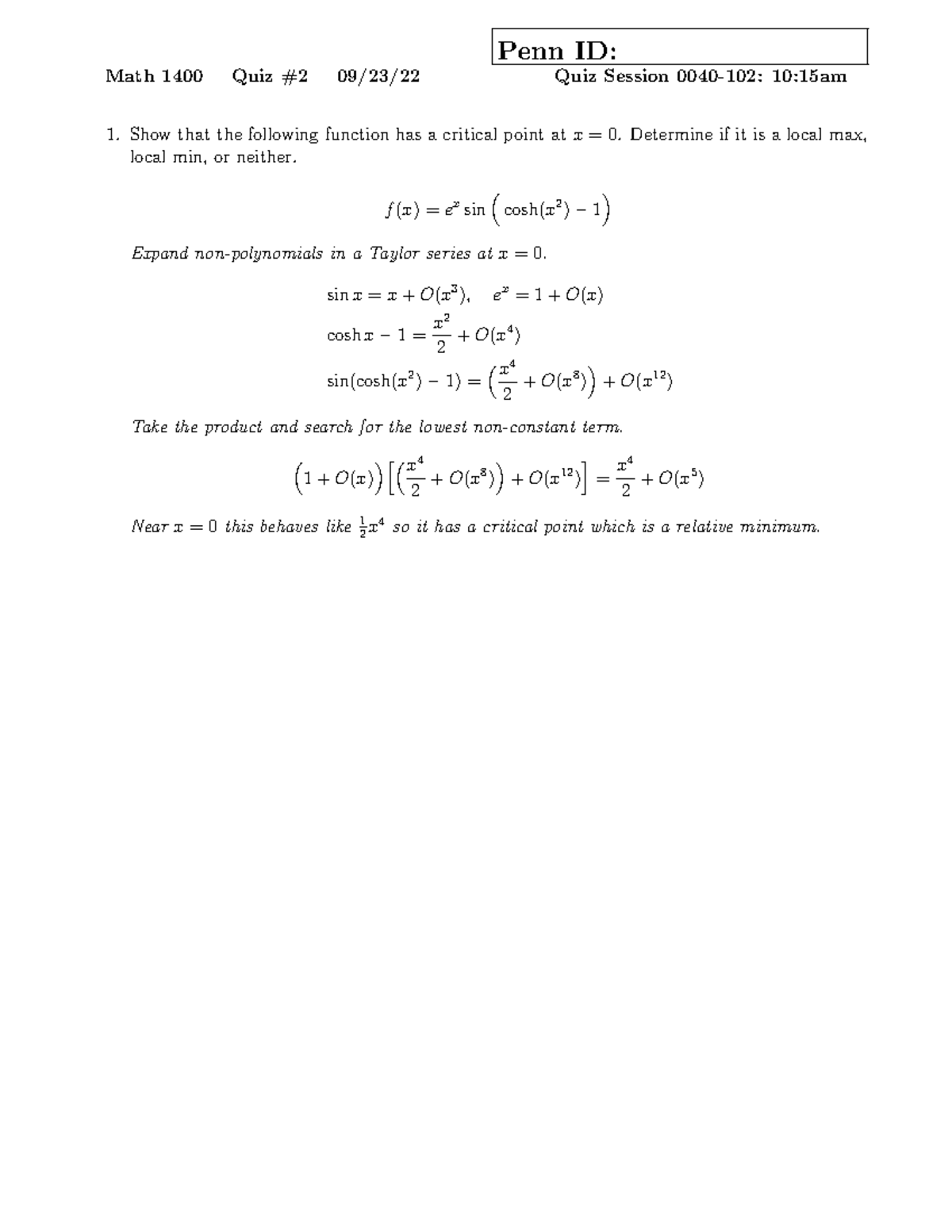 Quiz2-102-Solutions - Quiz 2 - Math 1400 Quiz #2 09/23/ Penn ID: Quiz ...