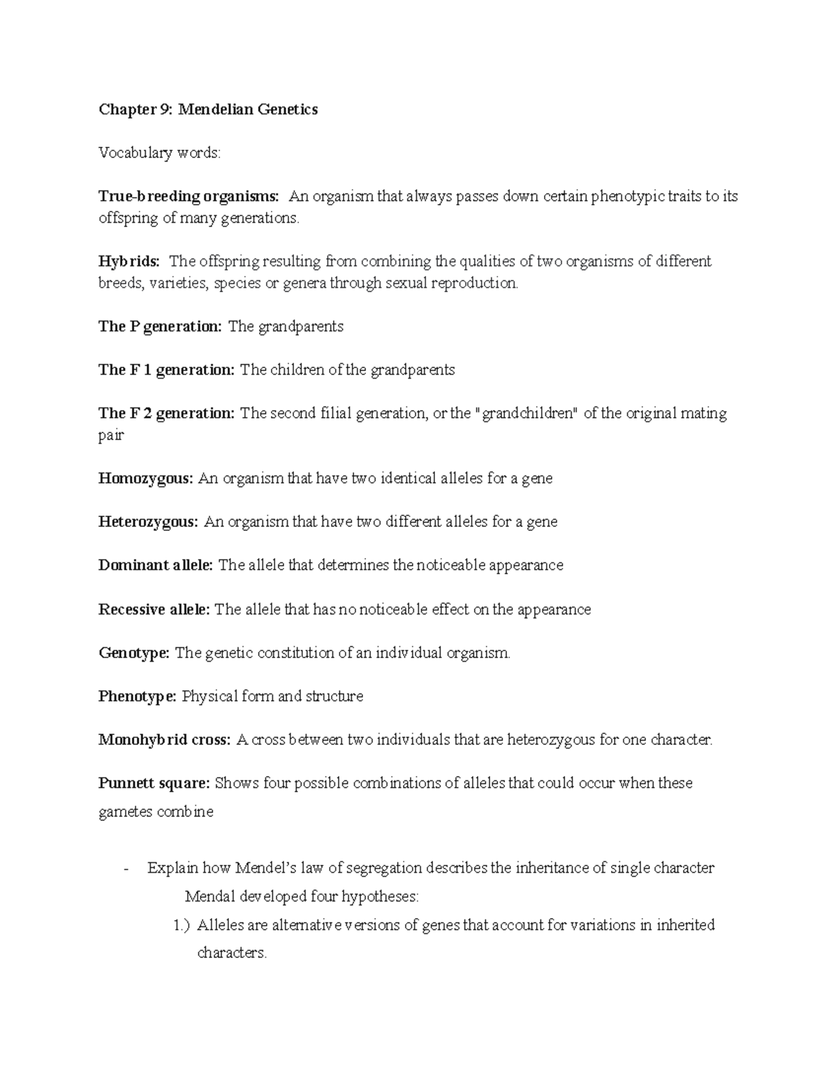 Biology Notes - DNA and RNA - Chapter 9: Mendelian Genetics Vocabulary ...