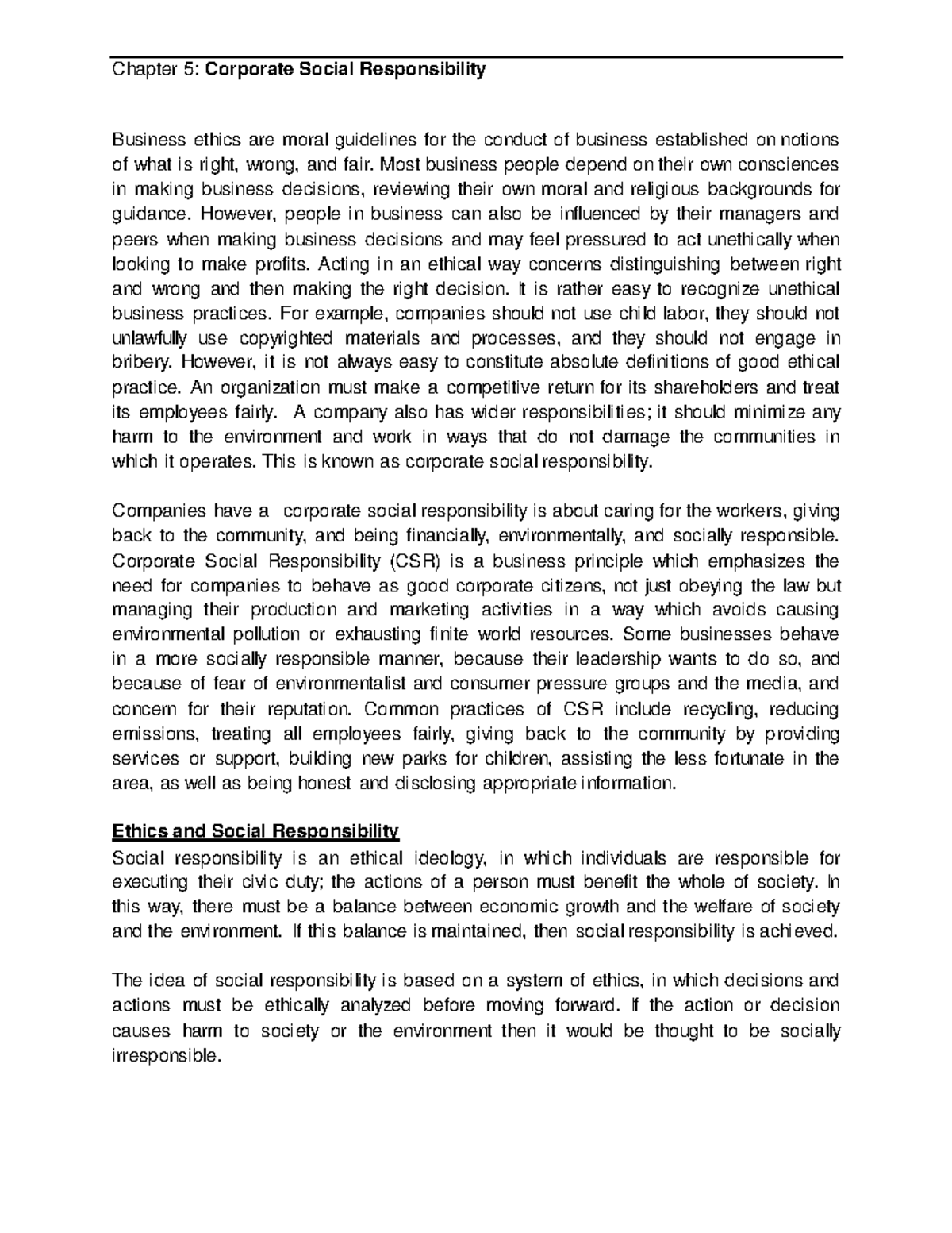 Chapter 005 Corporate Social Responsibility - Business ethics are moral ...