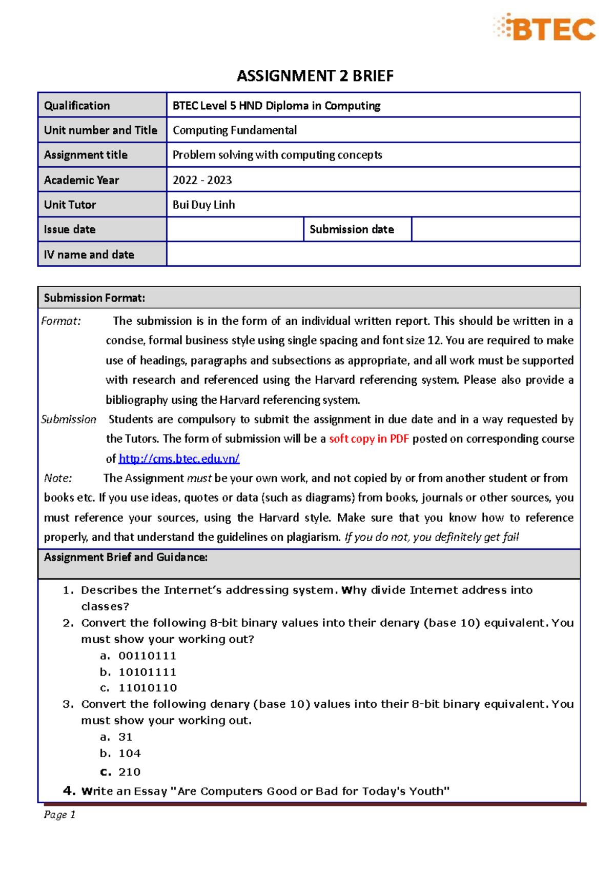 Assignment brief 2 - ASSIGNMENT 2 BRIEF Qualification BTEC Level 5 HND Diploma in Computing Unit ...