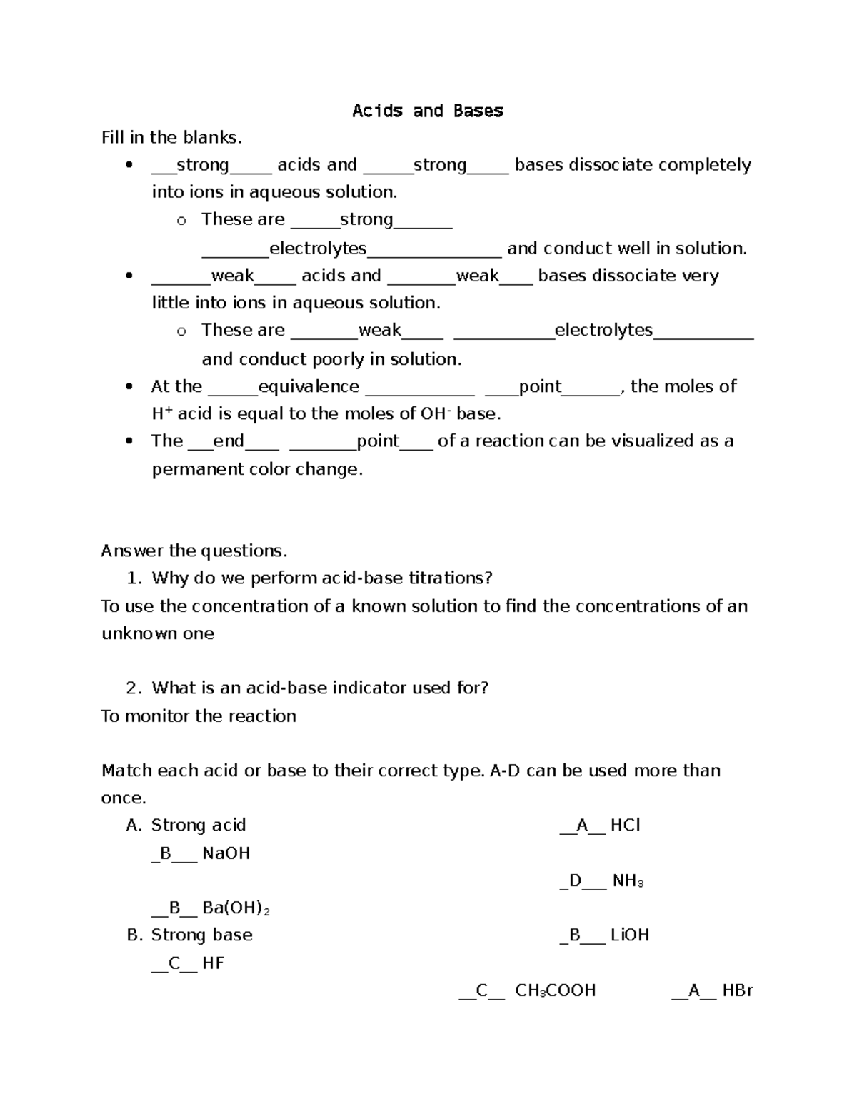 Acids and Bases Worksheet - Acids and Bases Fill in the blanks. strong ...