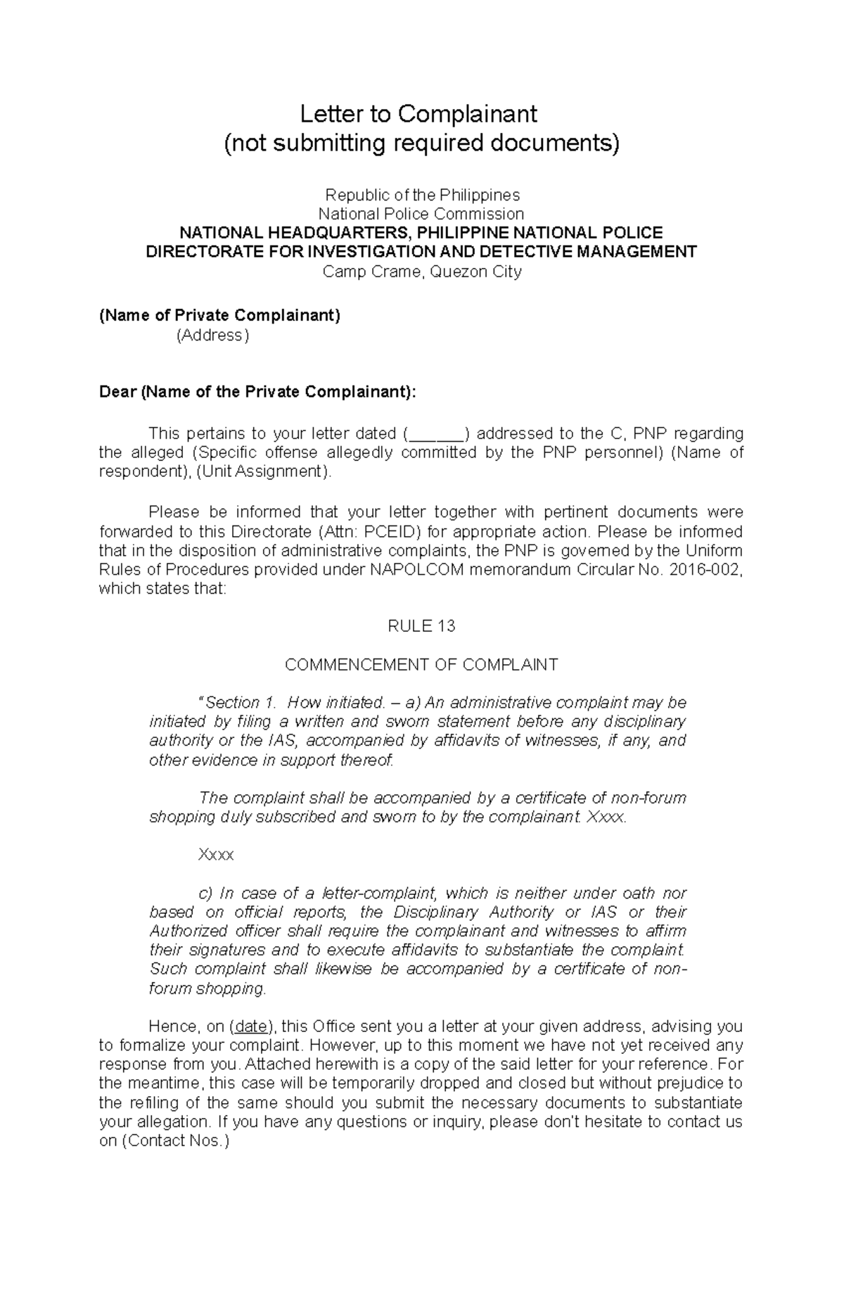 Notice to complainant - NOT APPLICABLE - Letter to Complainant (not ...