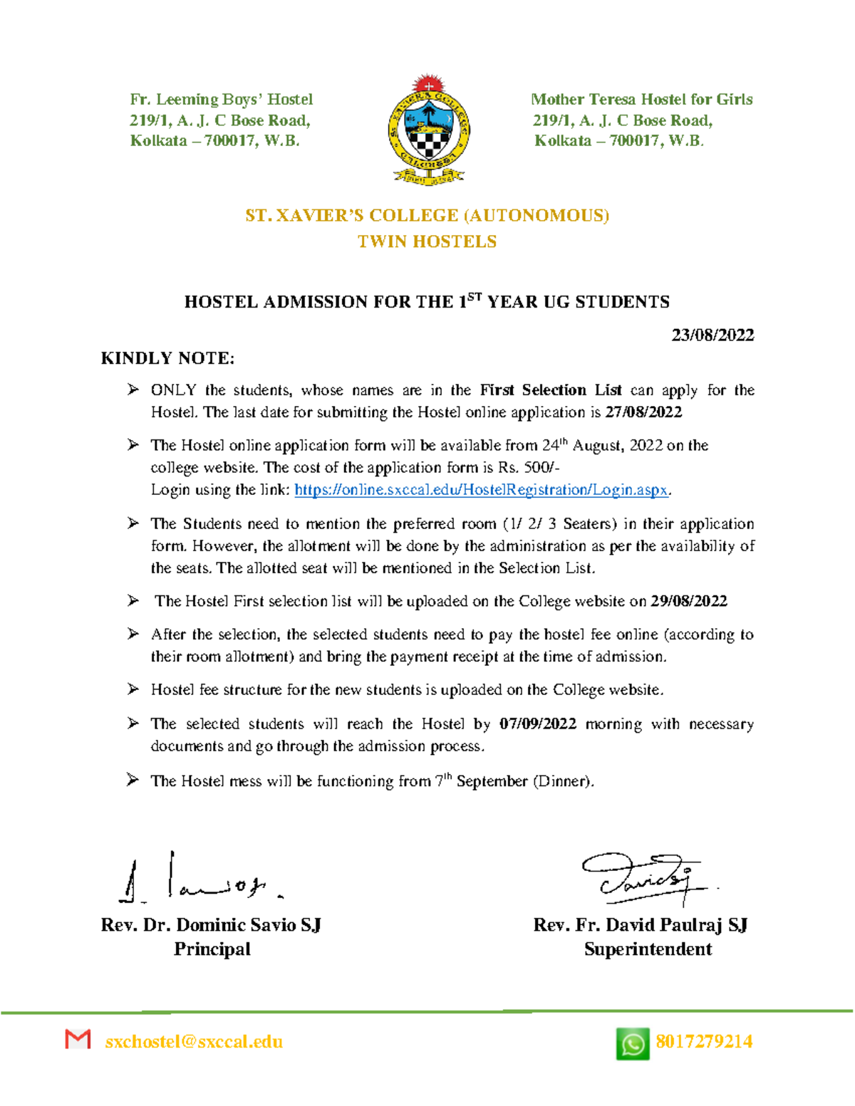 Hostel Admission Notice For 1st UG 2022 23 - sxchostel@sxccal ...