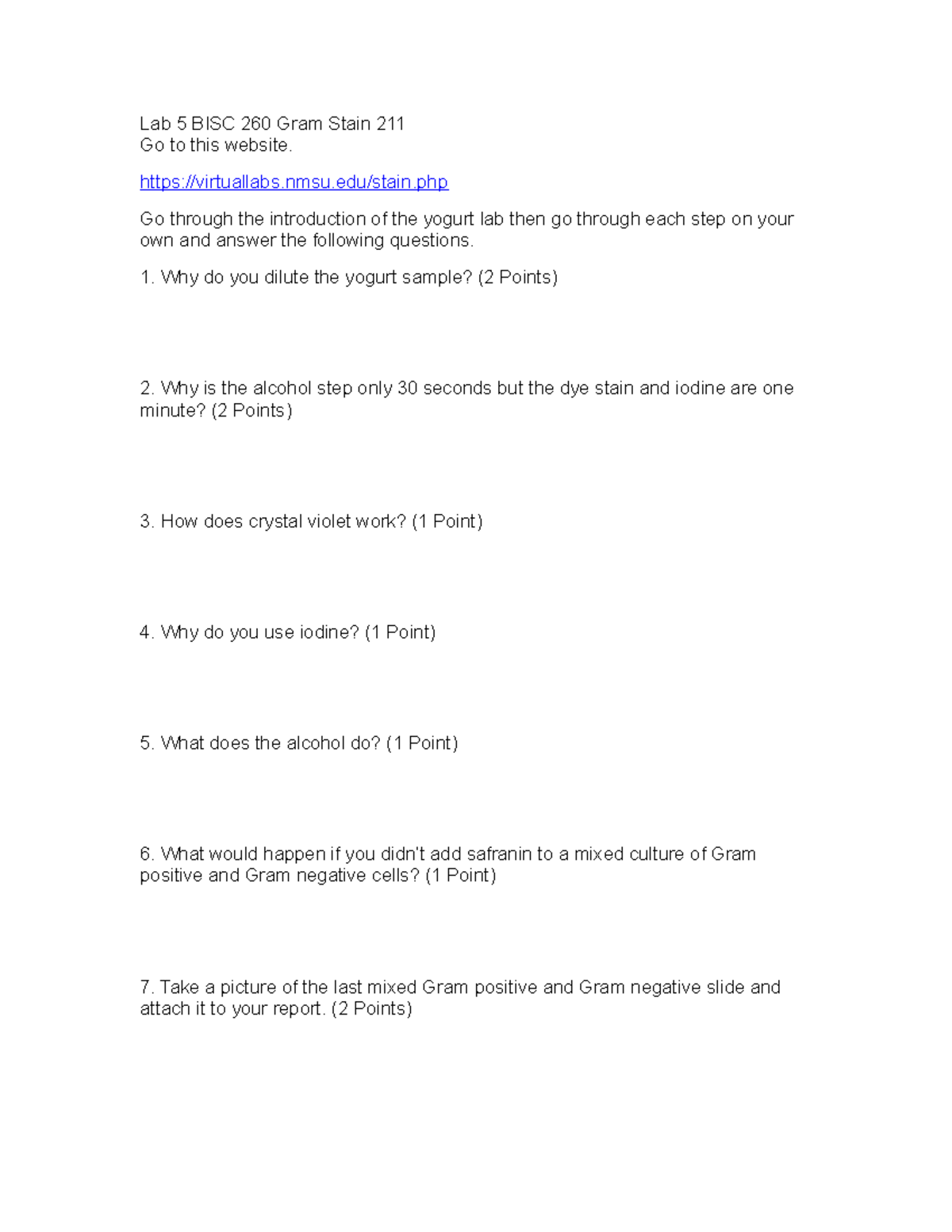 Lab 5 BISC 260 Gram Stain 211 S - Lab 5 BISC 260 Gram Stain 211 Go to ...