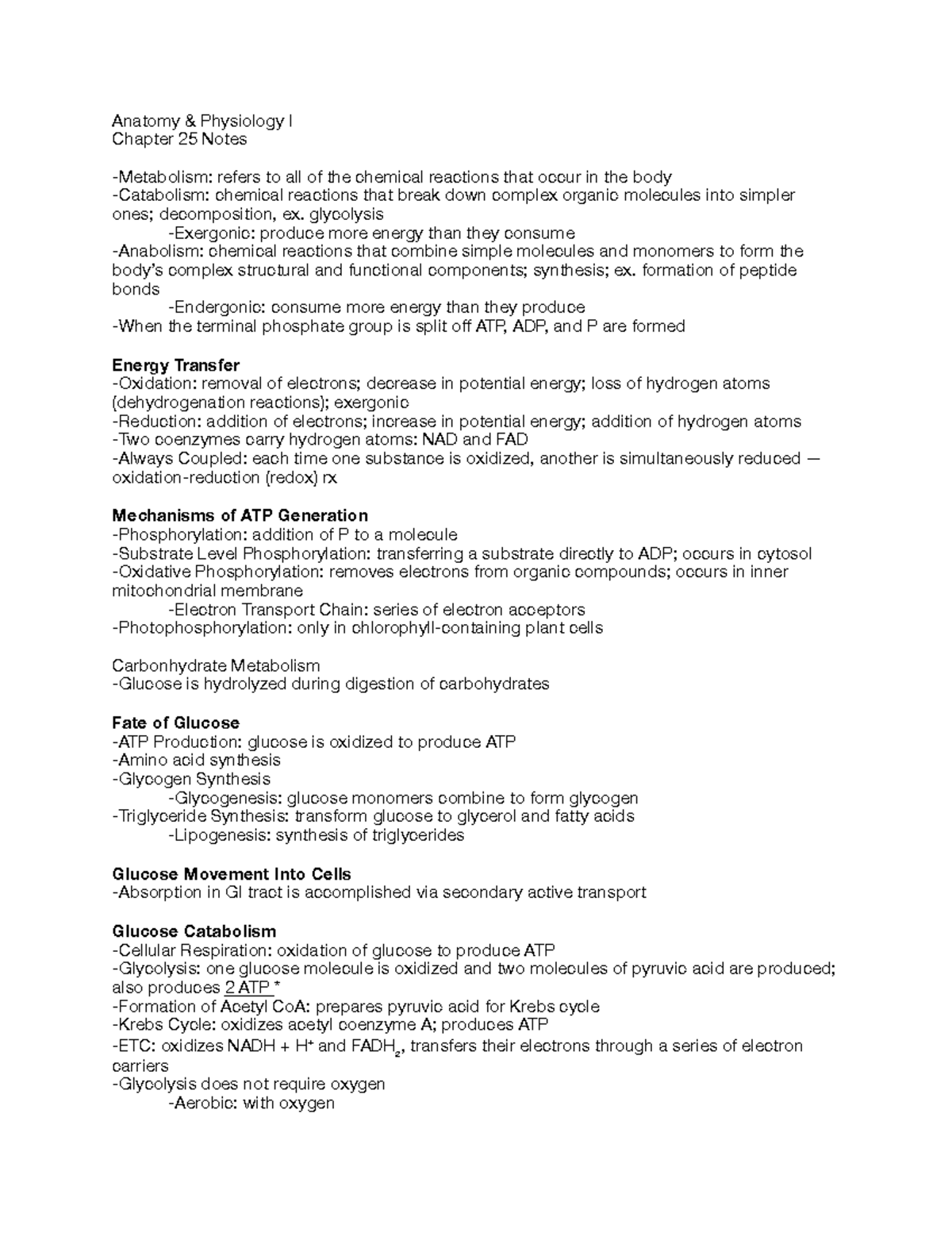 A&P I Chap 25 Notes PDF - Metabolism, Cellular Respiration - Anatomy ...