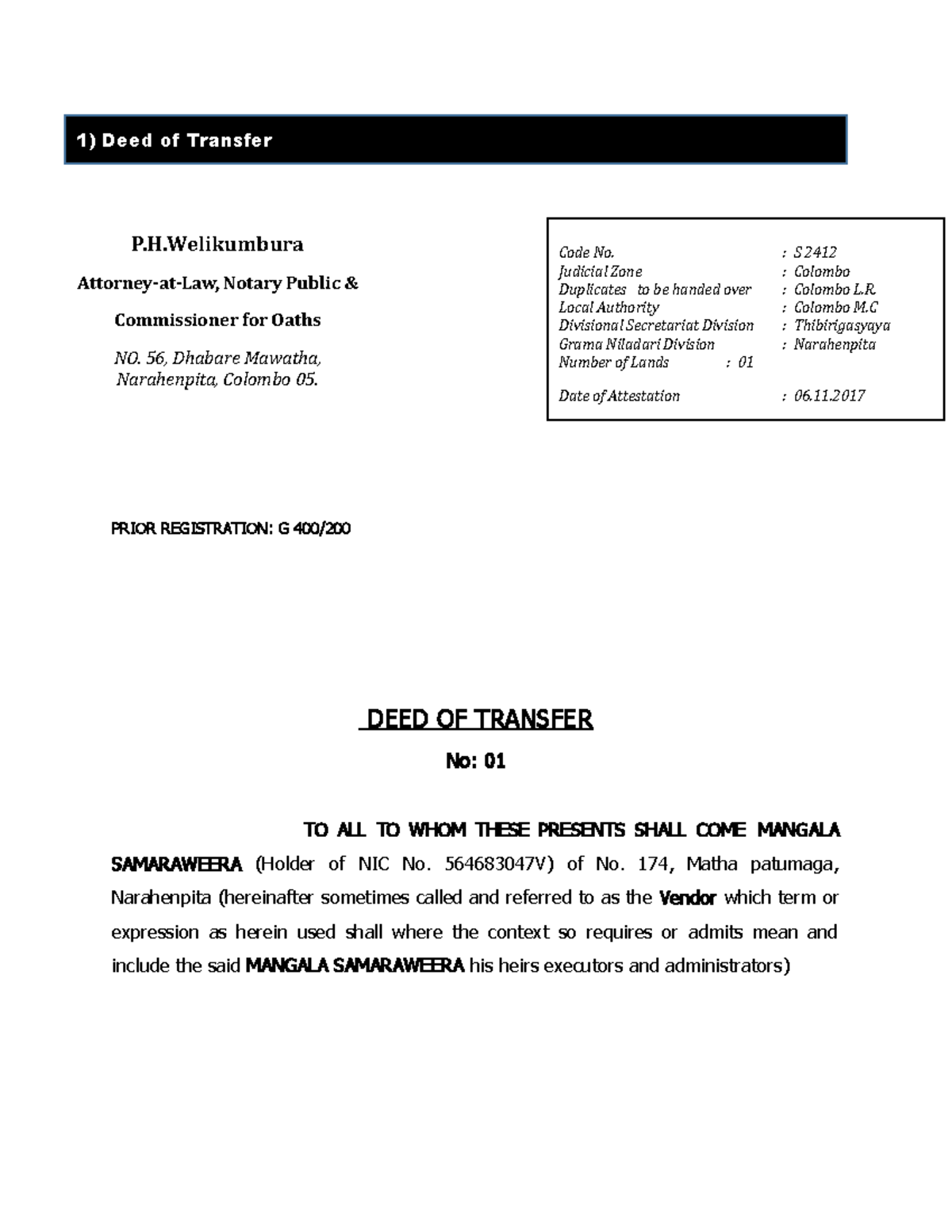 1 Deed of transfer - PRIOR REGISTRATION: G 400 / 200 DEED OF TRANSFER ...