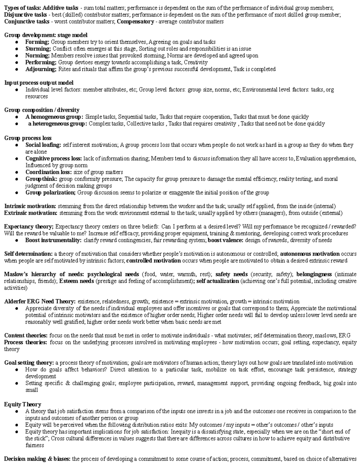 OB Midterm #2 Cheat Sheet - Types of tasks: Additive tasks - sum total ...