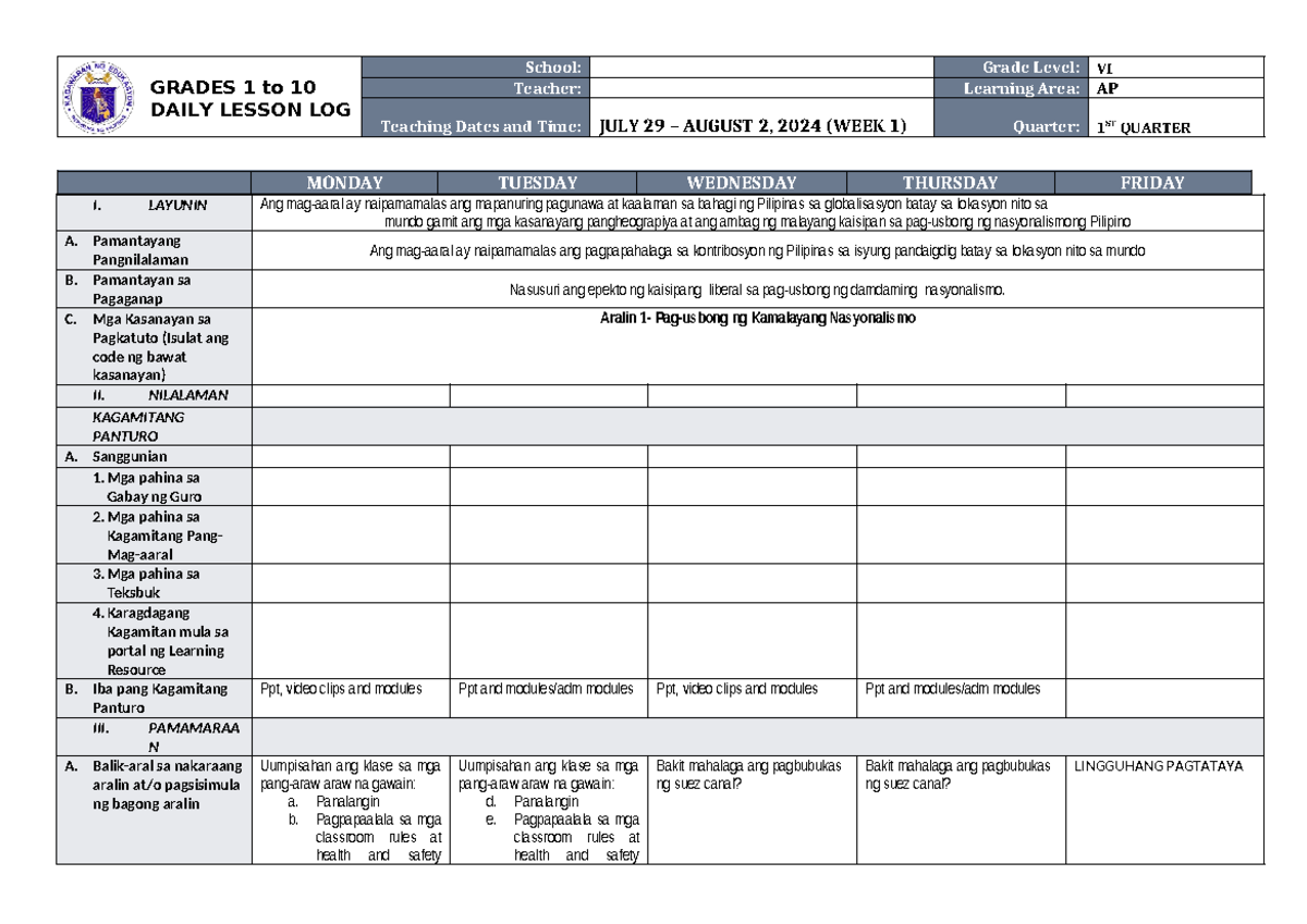 DLL AP 6 Q1 W1 - ............ - GRADES 1 to 10 DAILY LESSON LOG School ...