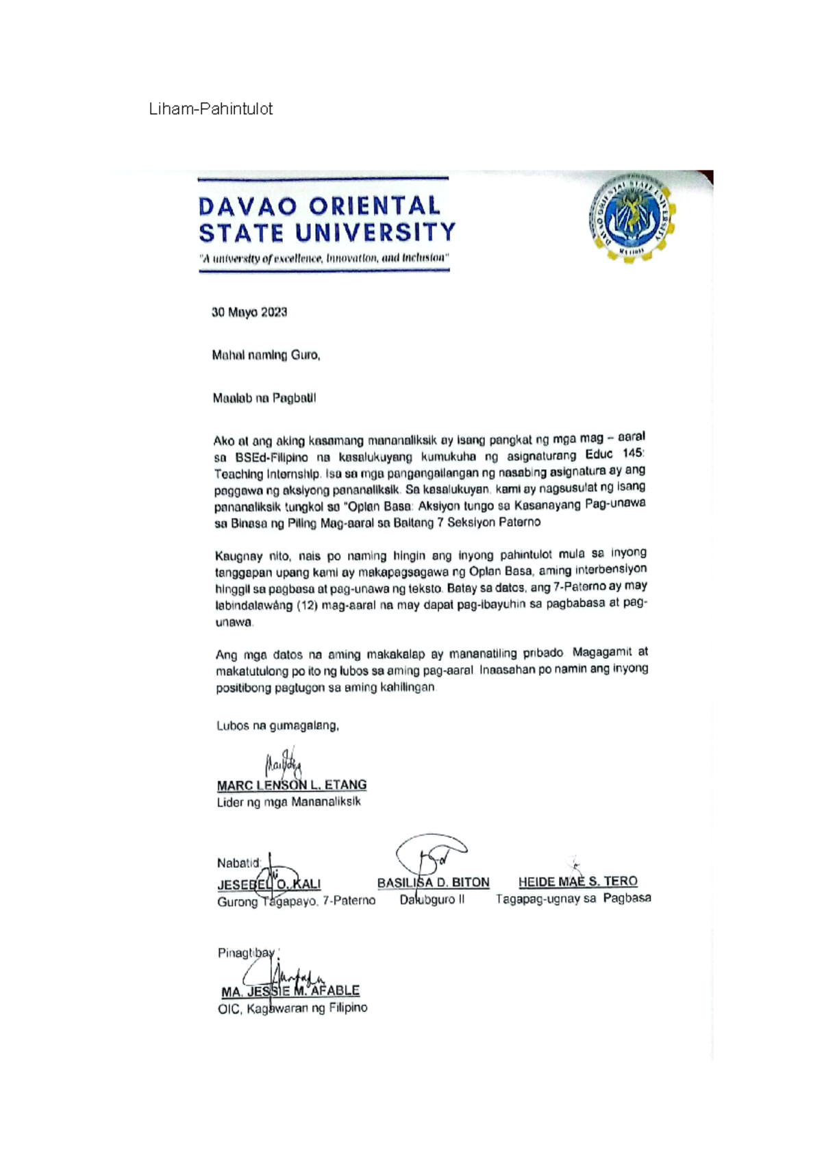 Liham Pahintulot - bsed filipino - Studocu