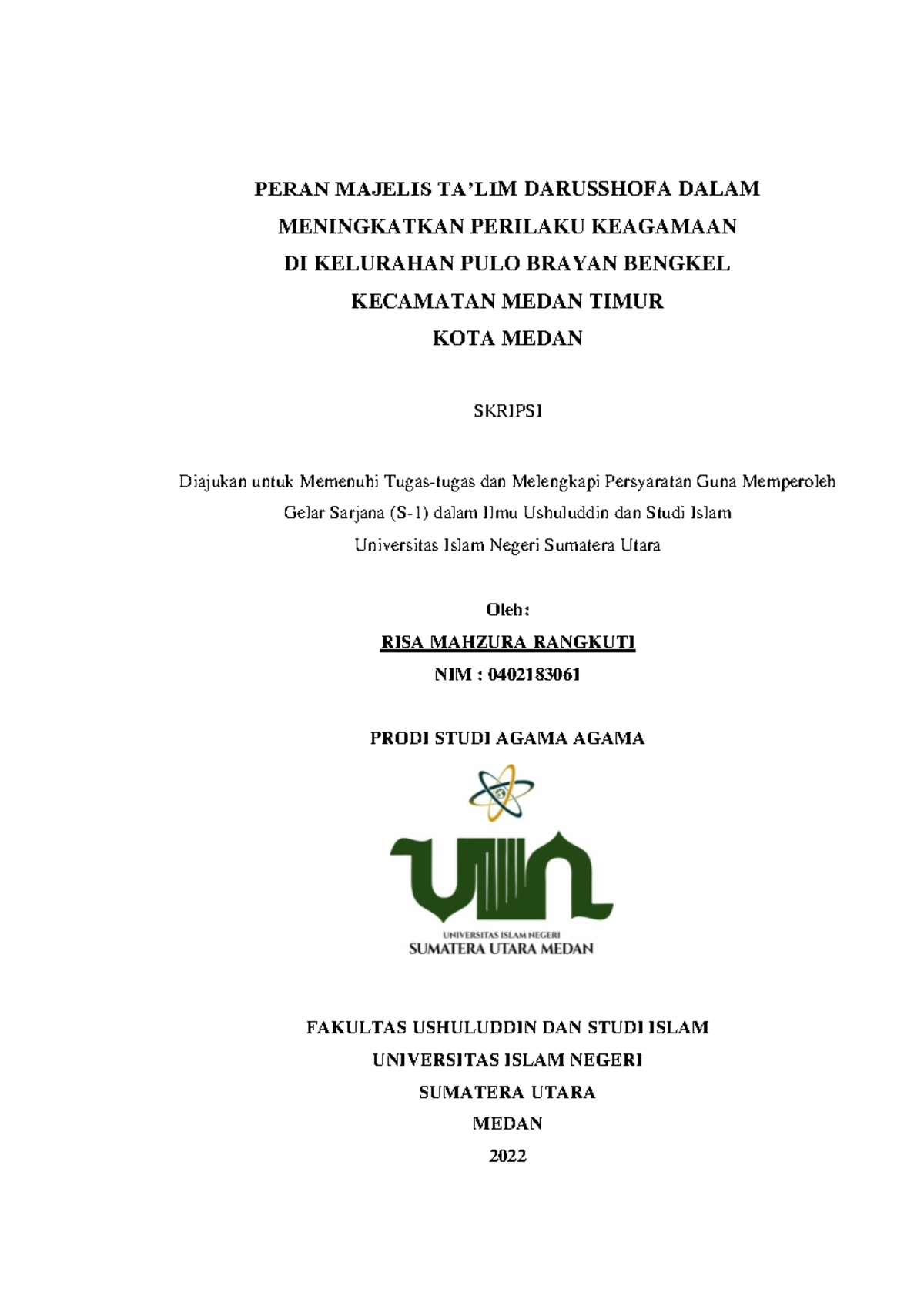 Skripsi RISA - PERAN MAJELIS TA’LIM DARUSSHOFA DALAM MENINGKATKAN PERILAKU KEAGAMAAN DI ...