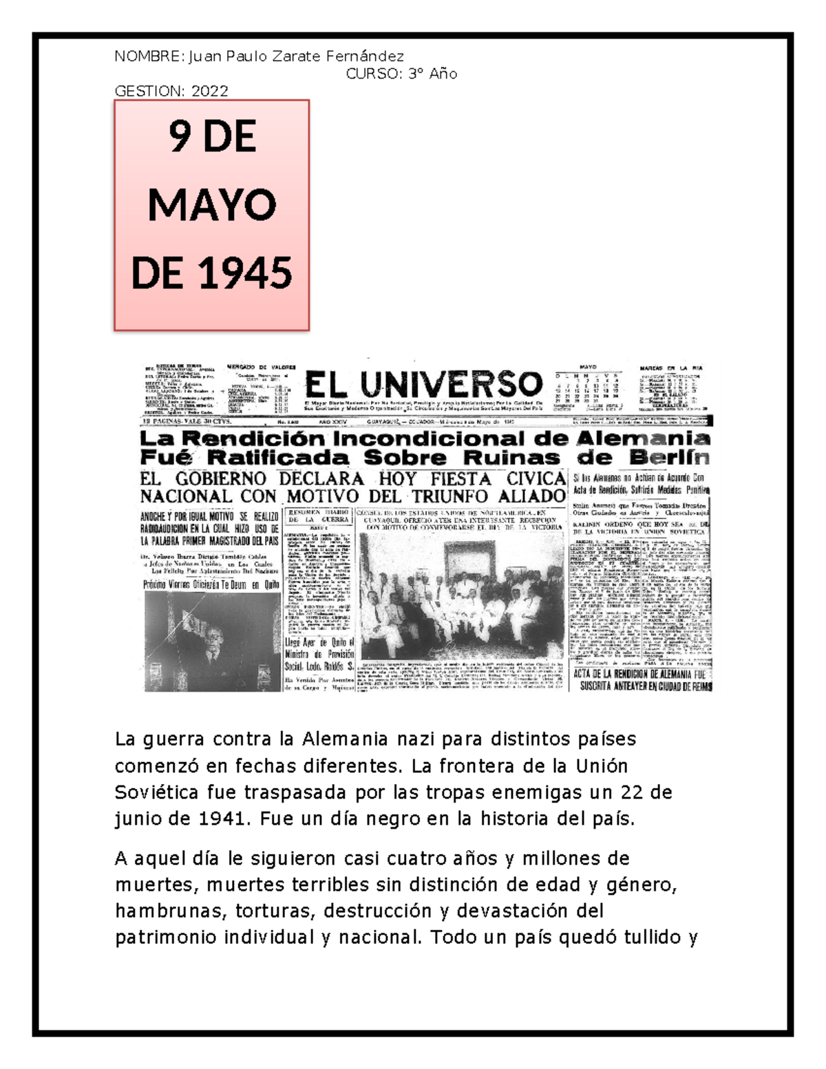 9 de mayo 1945 juan paulo zarate fernandez - NOMBRE: Juan Paulo Zarate ...