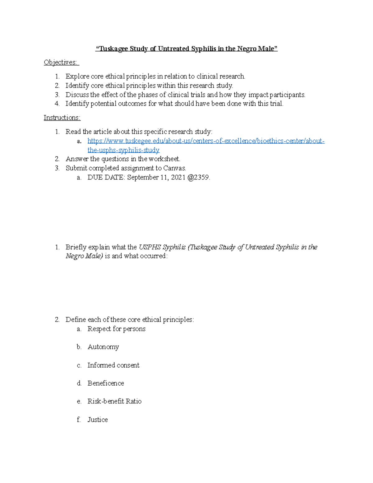 Usphs Syphilis Study-Worksheet and Reflection - “Tuskagee Study of ...