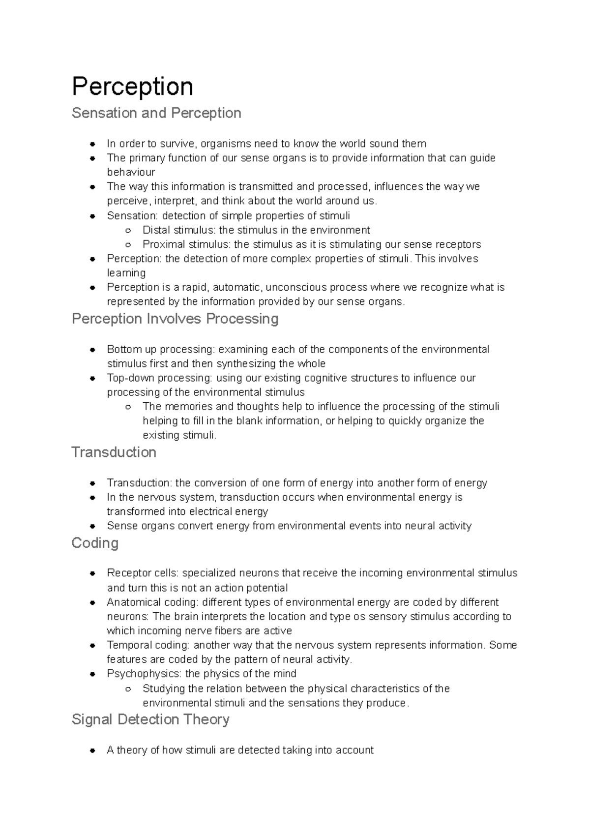 PSYC 1001 - Perception - Notes for lecture - Perception Sensation and ...