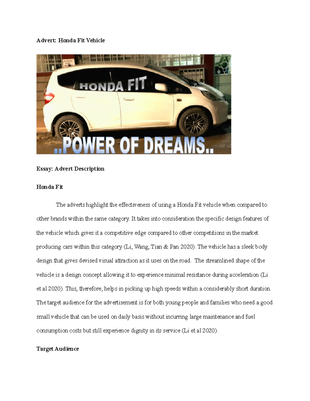 Advert Description - Advert: Honda Fit Vehicle Essay: Advert ...