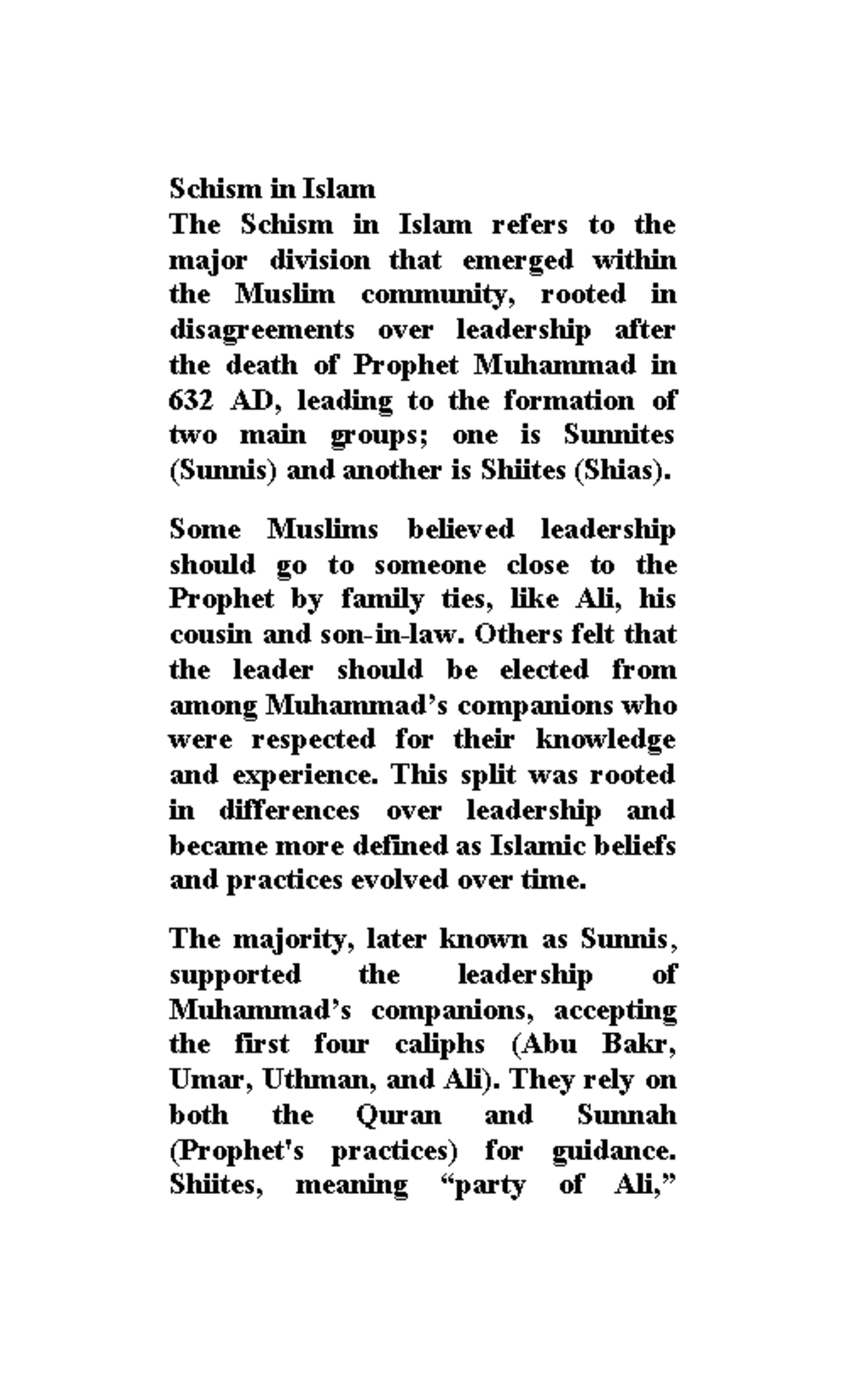 HIS102 MID2 - notes - Schism in Islam The Schism in Islam refers to the ...