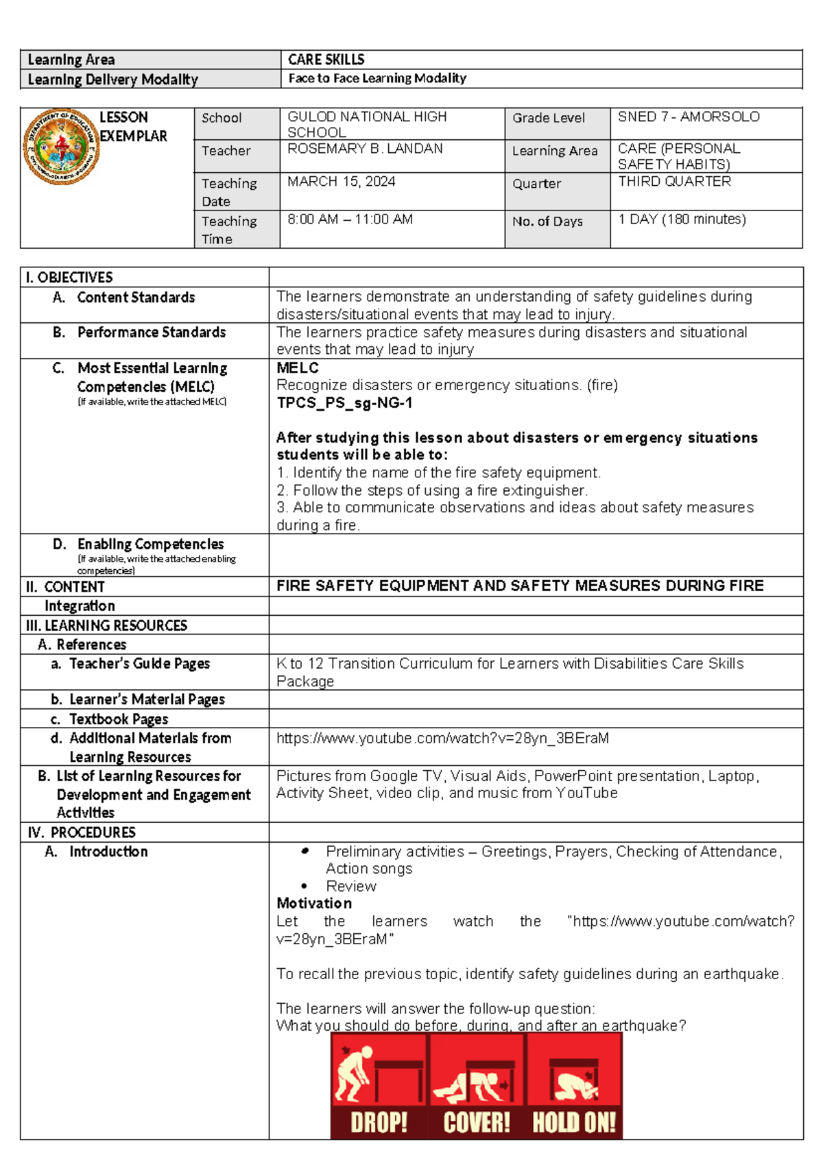 Lesson Exemplar - Learning Area CARE SKILLS Learning Delivery Modality ...