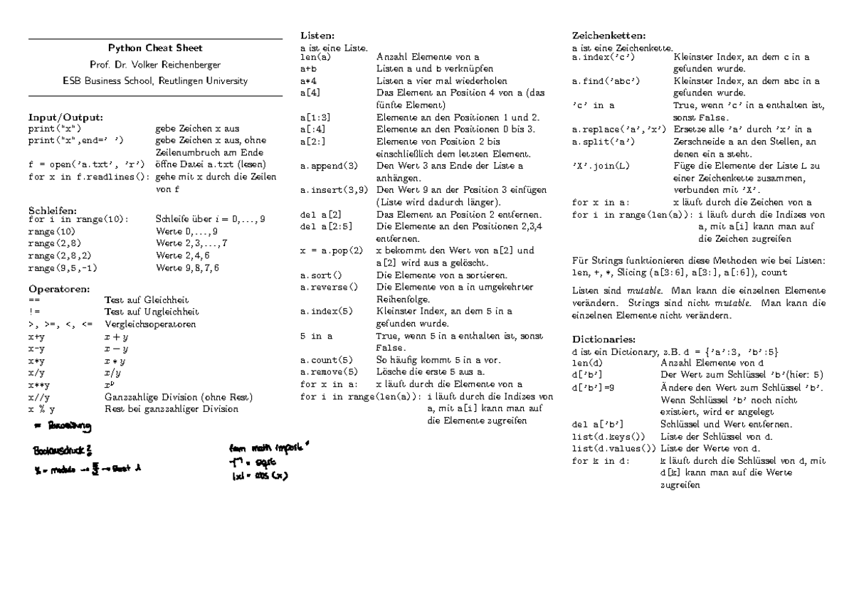 Python Cheat Sheet Wintersemester 2021 Python Cheat Sheet Prof Dr Volker Reichenberger Esb