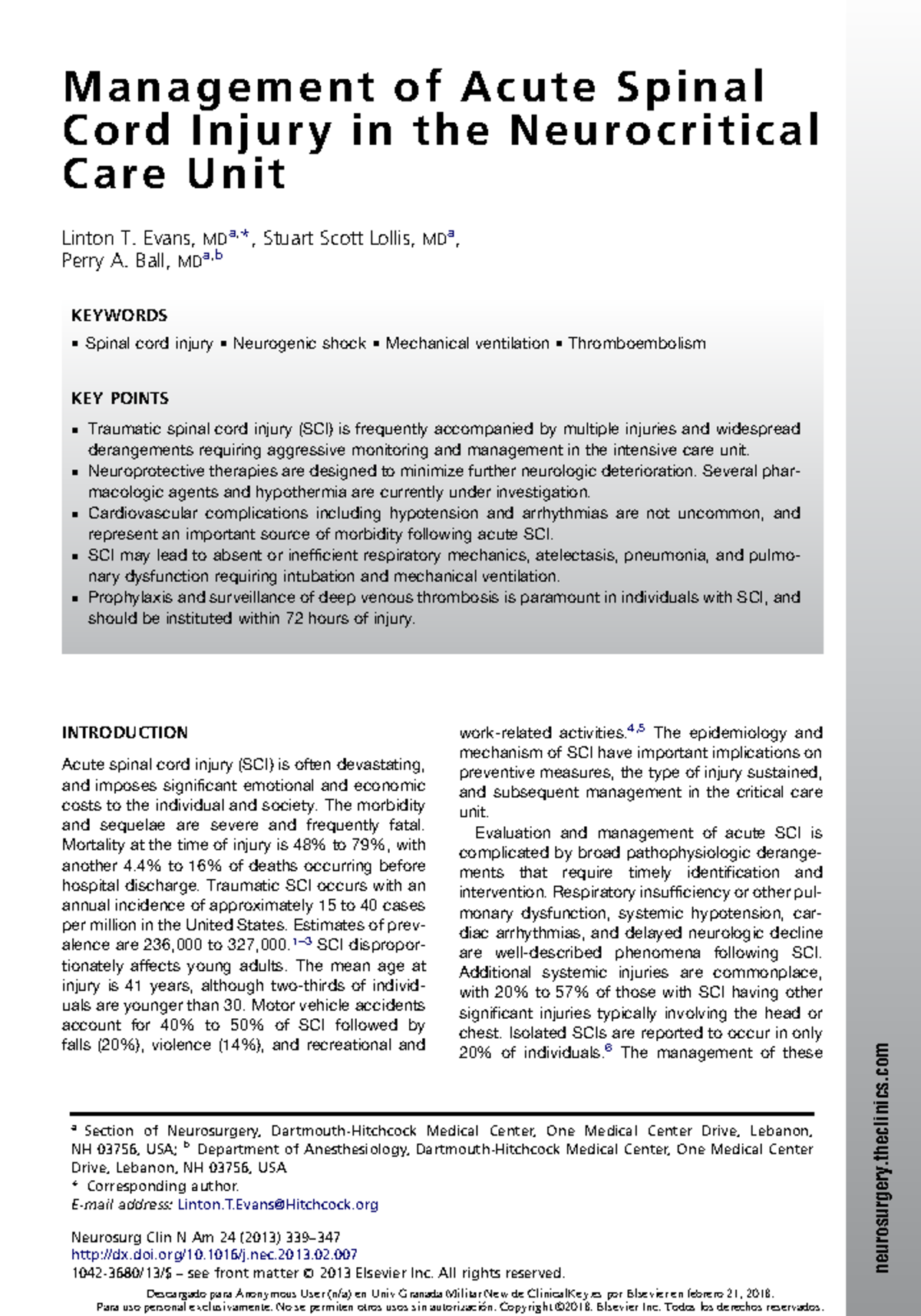 Management of Acute Spinal - Evans,MDa,*, Stuart Scott Lollis,MDa ...